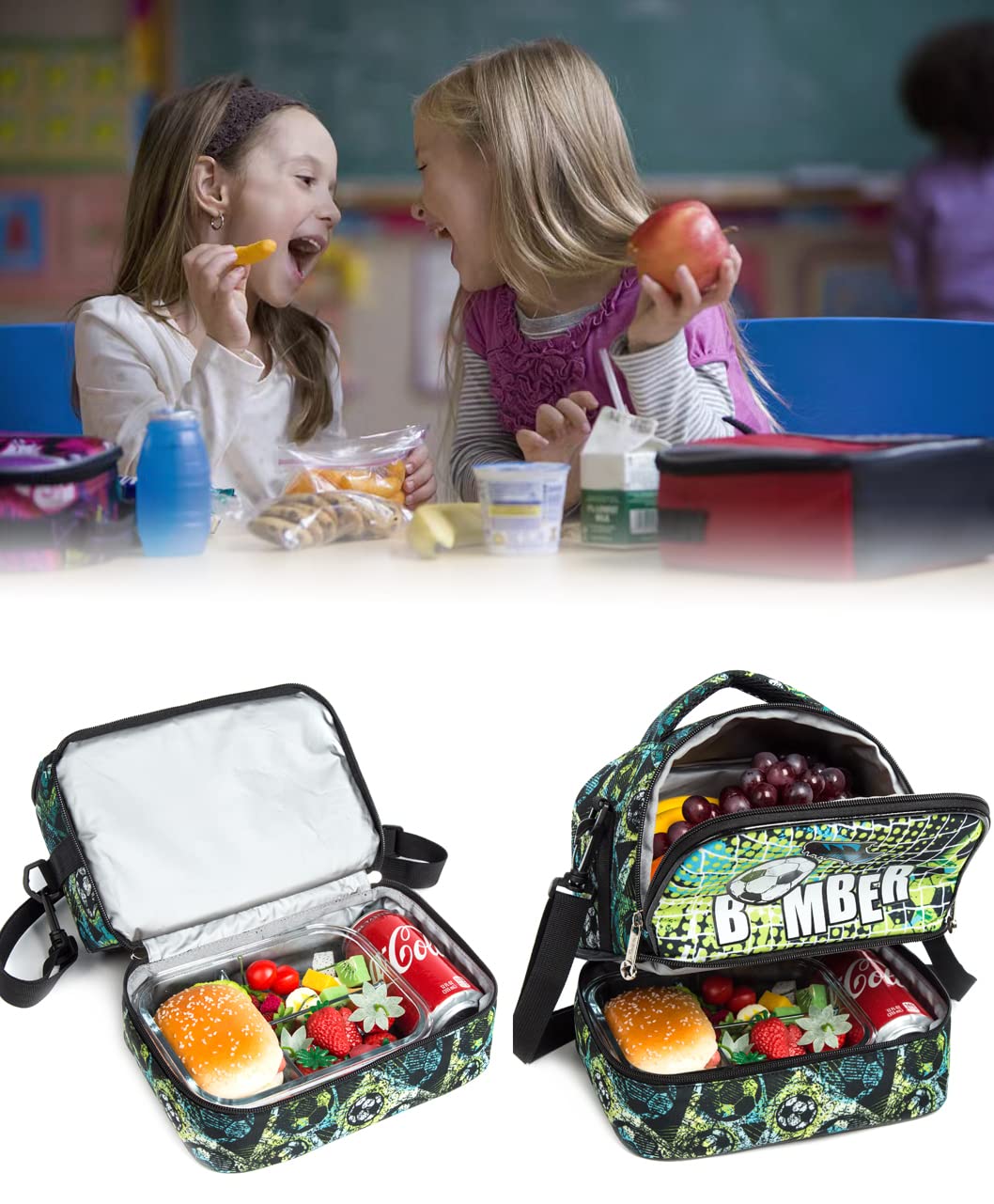MOHCO Kids Lunch Bag Insulated Bento Cooler Bag Two compartments Cooler for Boys and Girls with Adjustable Strap Travel Lunch Tote