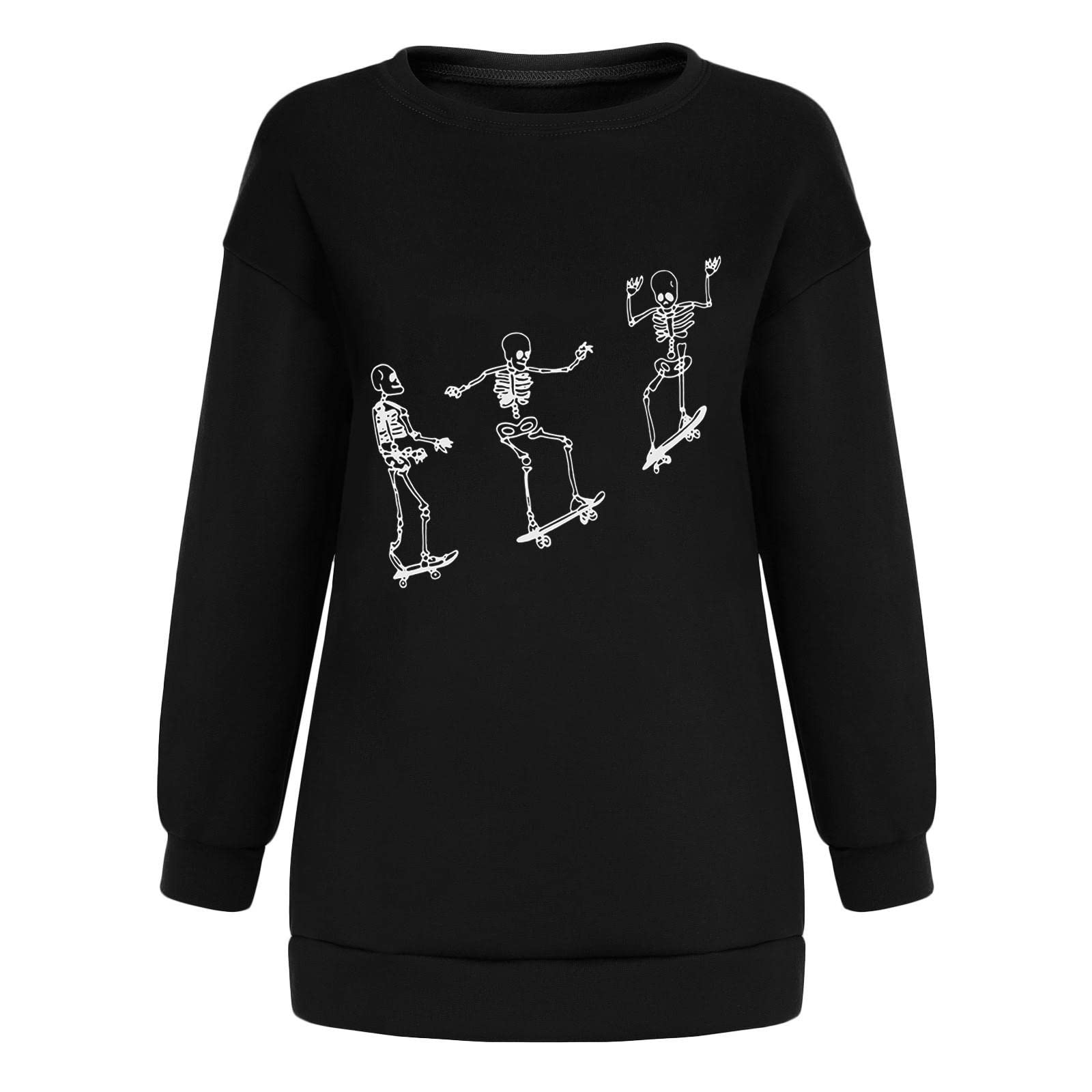 UNIROSE Oversized Sweatshirt for Women Crewneck Pullover Graphic Long Sleeve Top Loose Fit Drop Shoulder Funny Y2k Fleece Cute Grunge Fall Shirt sweatshirts for camel Skull Skeleton Dancing Black