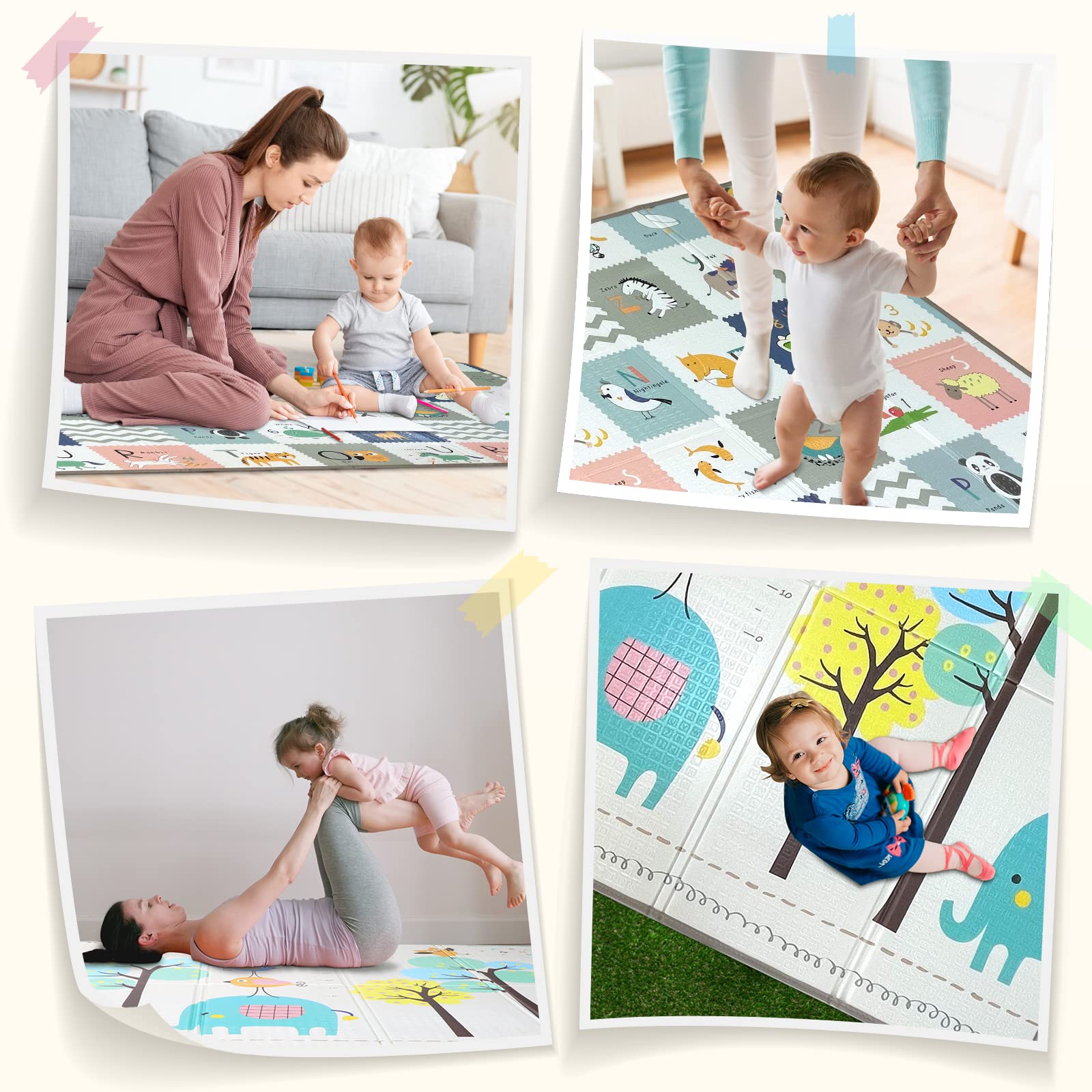 WAYPLUS Baby Play Mat, Extra Large & Thicked Reversible Folding Baby Playmat for Floor, Durable Wipe Clean Waterproof XPE Foam with Edge Reinforcement Play Mat, Anti Slip Soft Crawling Mat