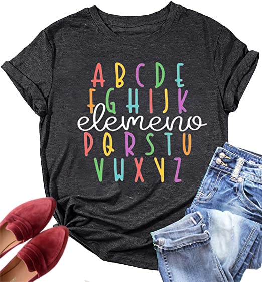 Teacher Shirt ABC Alphabet Elemeno Women Letter Print Graphic Tee Tops Teachers Gift Student T-Shirt Blouse(Grey,Small)