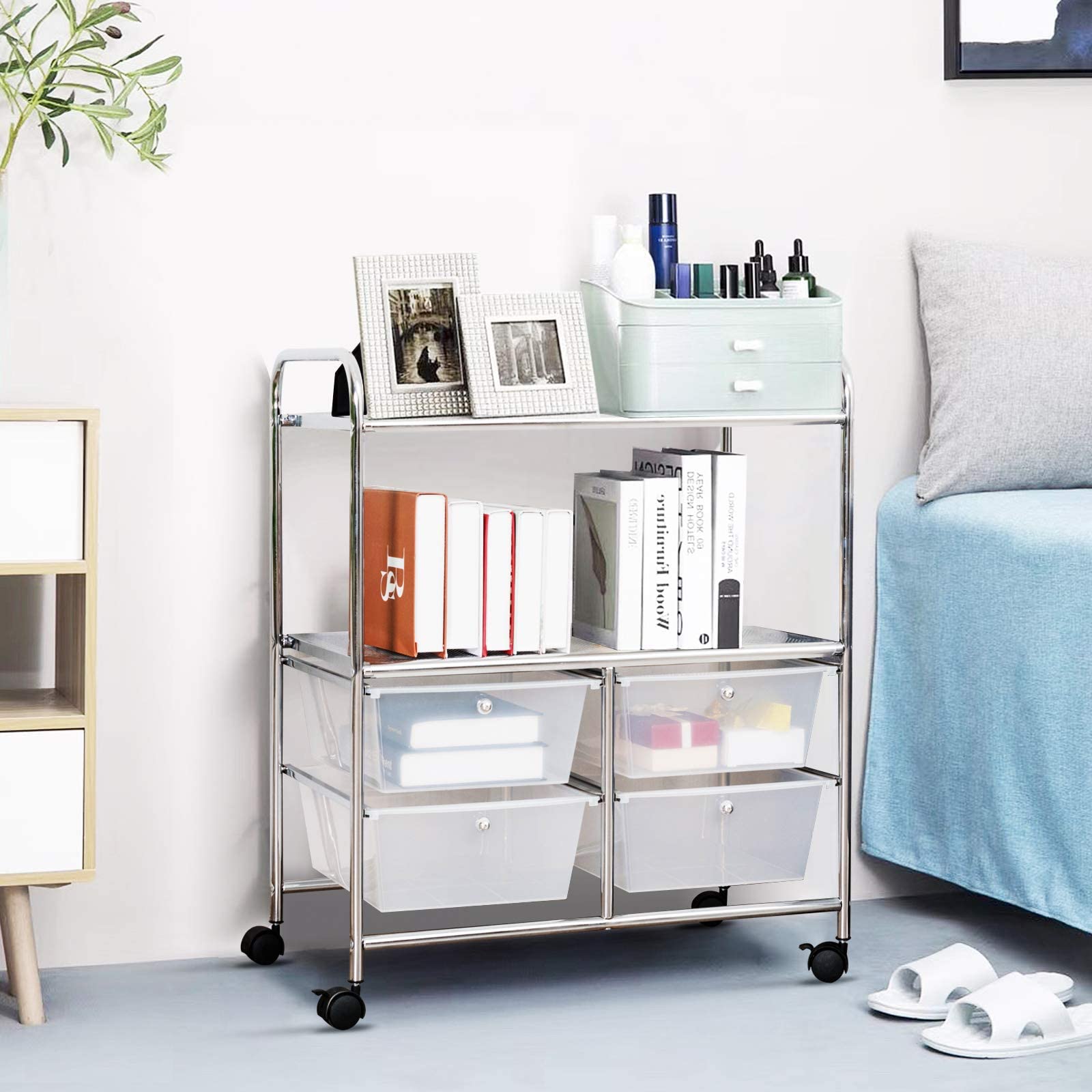 RELAX4LIFE Storage Cart W/Four Drawers, Wheels and Two Shelves, Stable Steel Frame Craft Cart for Office,Home, Make Up Storage and Files Arrangement Storage Cart Organizer (Clear)