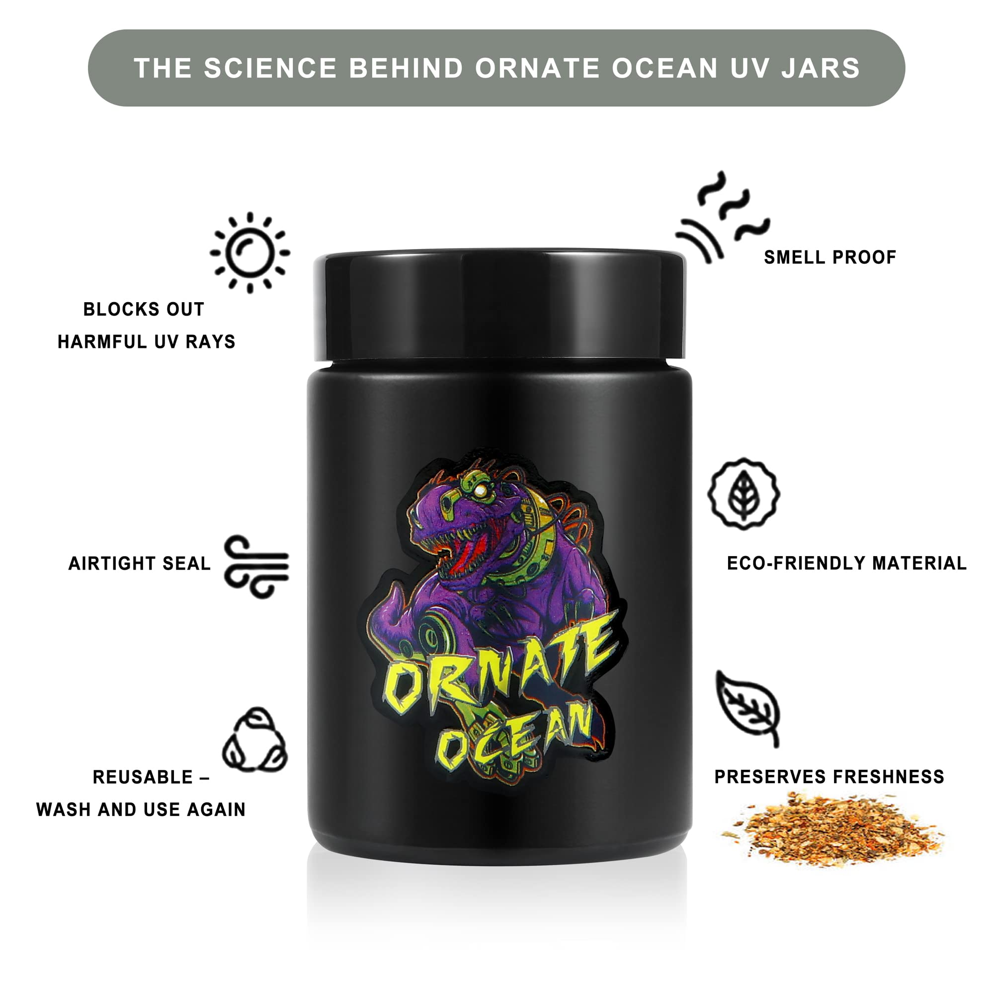 Ornate Ocean 4-Pack 250ml UV Glass Stash Jars - 4 Piece Set Multipurpose Storage Containers - Convenient Airtight Smell Free Screw Top Lid Jars Preserves and Secures Your Herbs (Tyrannosaurus)