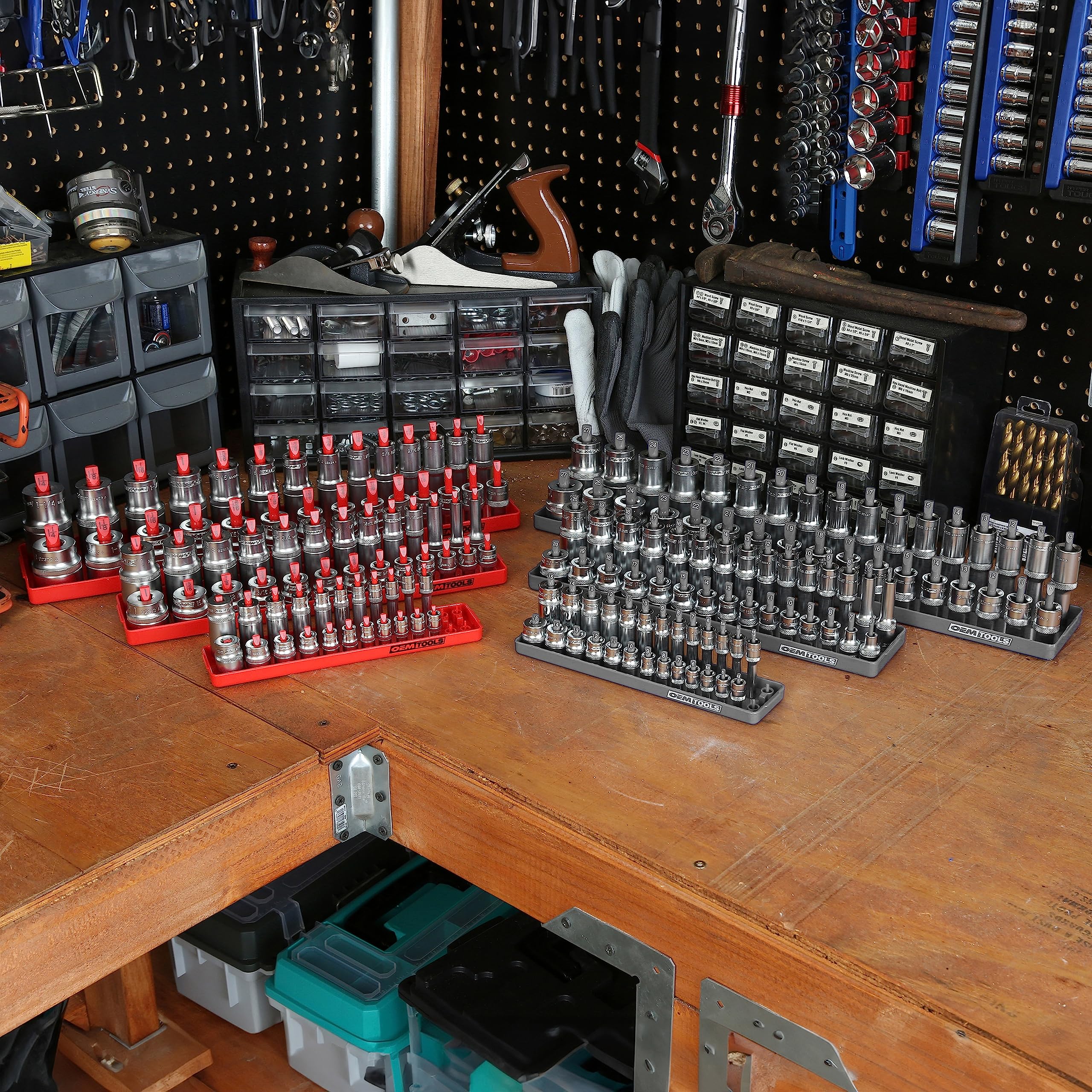 OEMTOOLS 22413 6 Piece SAE and Metric Socket Tray Set, SAE and Metric Socket Storage for Sizes 1/4", 3/8β, and 1/2" Drive, Socket Holders and Socket Organizer Tray for Toolbox, Red/Grey