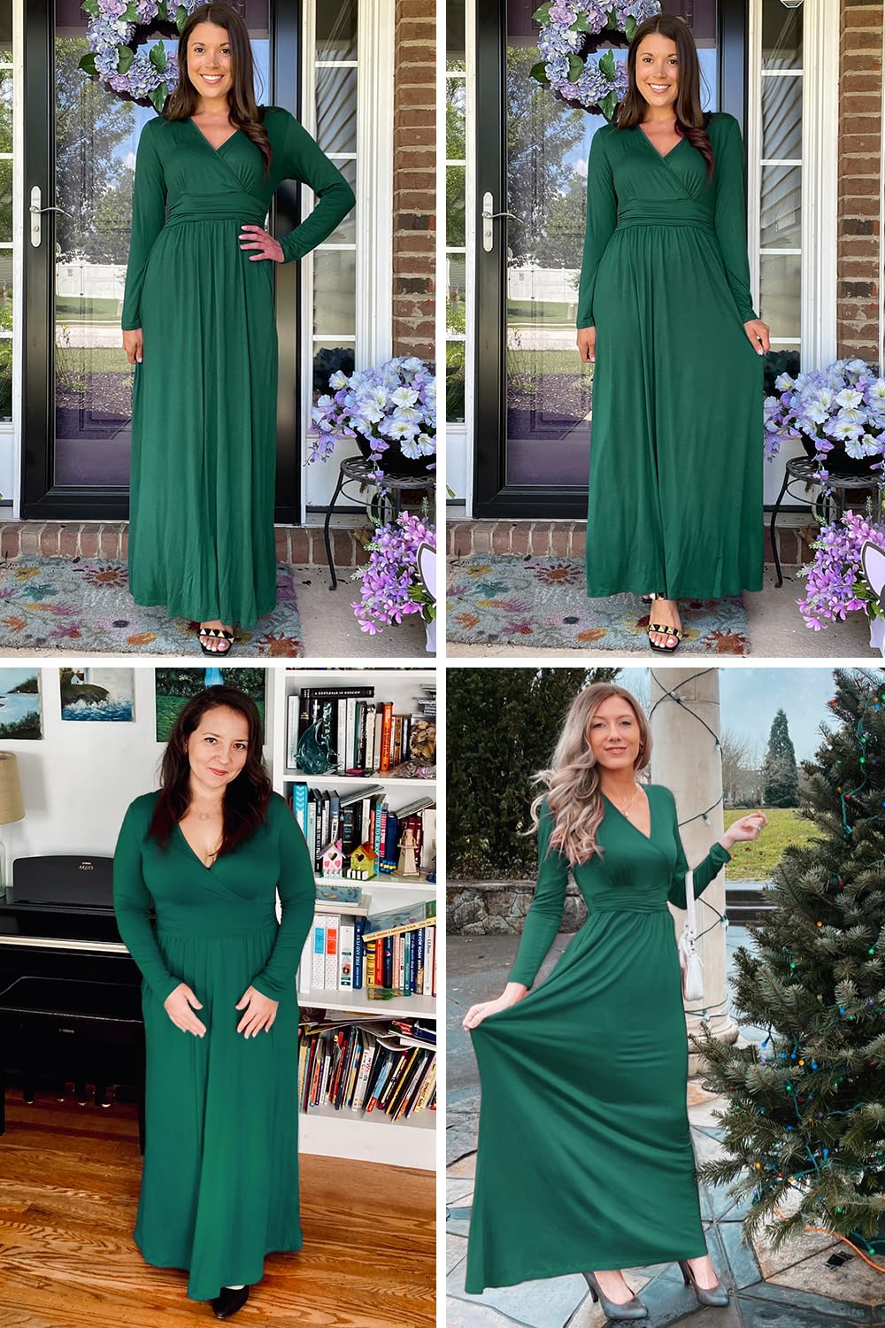 OUGES Womens Long Sleeve Green Dress V-Neck Wrap Waist Maxi Dress(Green,M)