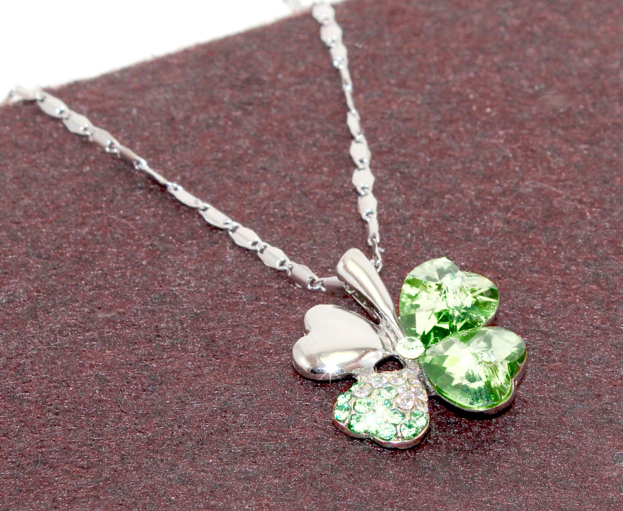 NEVERMORE Shimmering Shamrock (Peridot) Green Four Leaf Clover Crystal Pendant Necklace With Silver Chain for St Patricks Day or Any Lucky Occasion