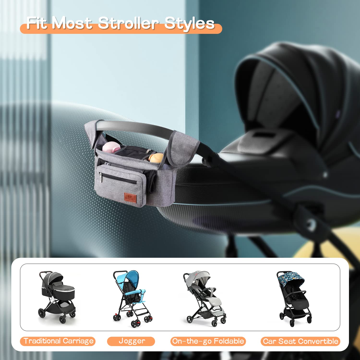 Yoyong Universal Stroller Organizer—Stroller Caddy with 2 Cup Holders, Adjustable Stroller Caddy Detachable Bag Baby Stroller Accessories Pockets