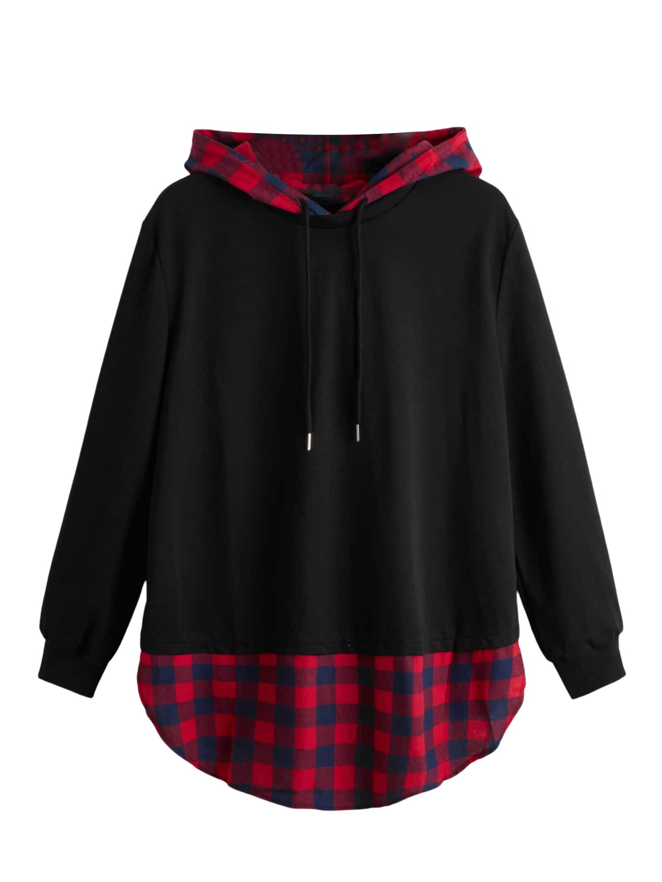 WDIRARA Women's Plus Size Plaid Long Sleeve Drawstring Hoodie Sweatshirt Black 3XL