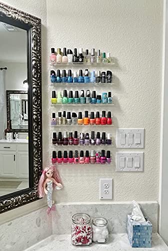 NIUBEE 6 Pack Nail Polish Rack Wall Mounted Shelf with Removable Anti-slip End Inserts, Clear Acrylic Nail Polish Organizer Display 90 Bottles