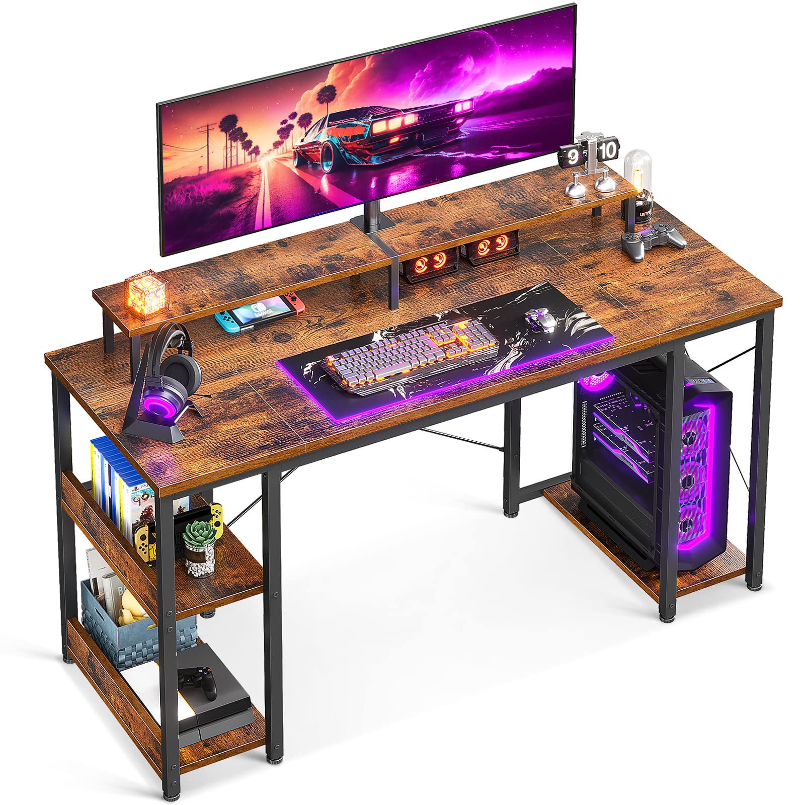 ODK 63 inch Computer Desk with Monitor Shelf and Storage Shelves, Writing Desk, Study Table with CPU Stand & Reversible Shelves, Vintage