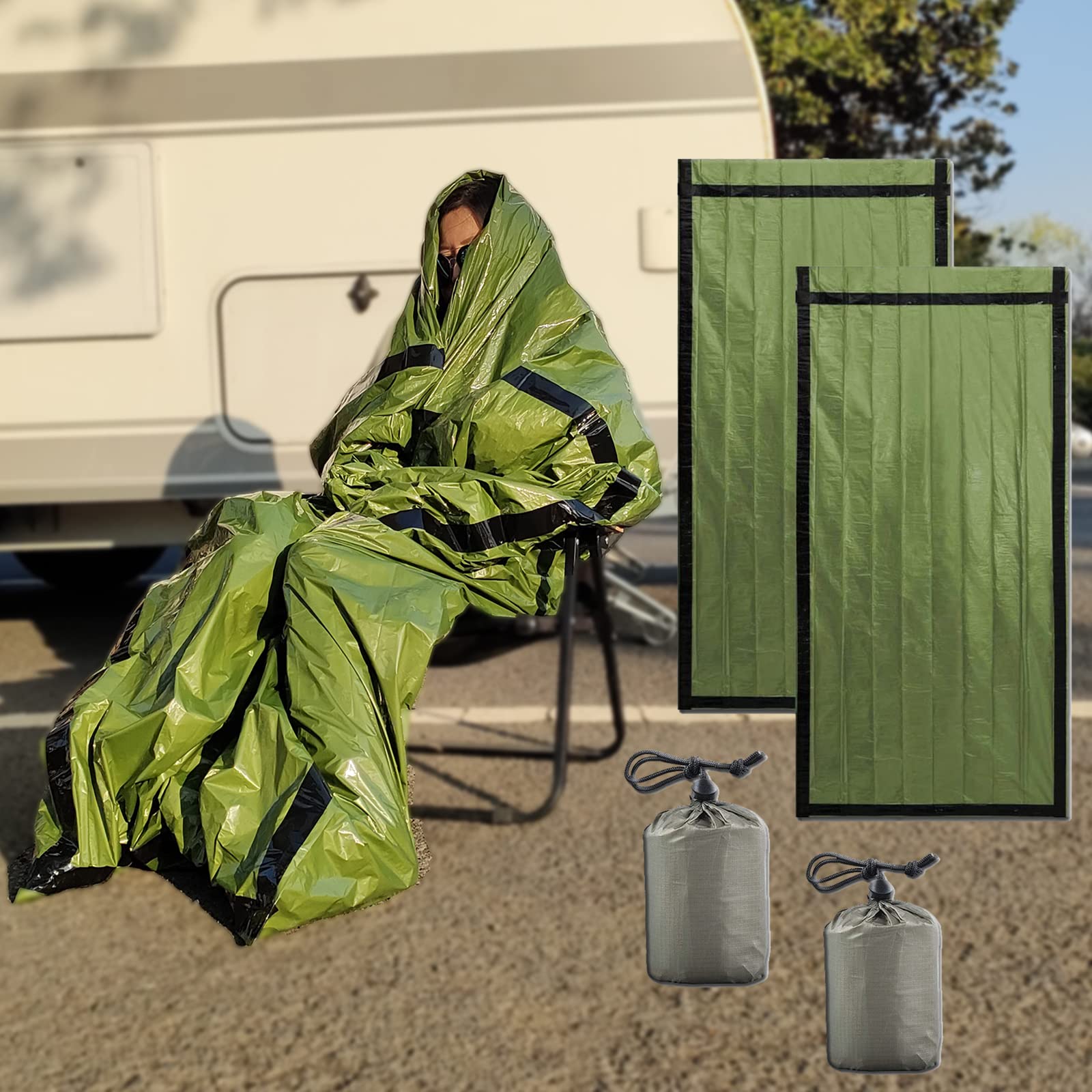 YDYJKI Emergency Survival Sleeping Bag, 2 Pack Thermal Sack Blanket, Waterproof Lightweight, Emergency Blankets Mylar Portable tarp Sack for Outdoor Camping, Hiking, Backpacking(Green)