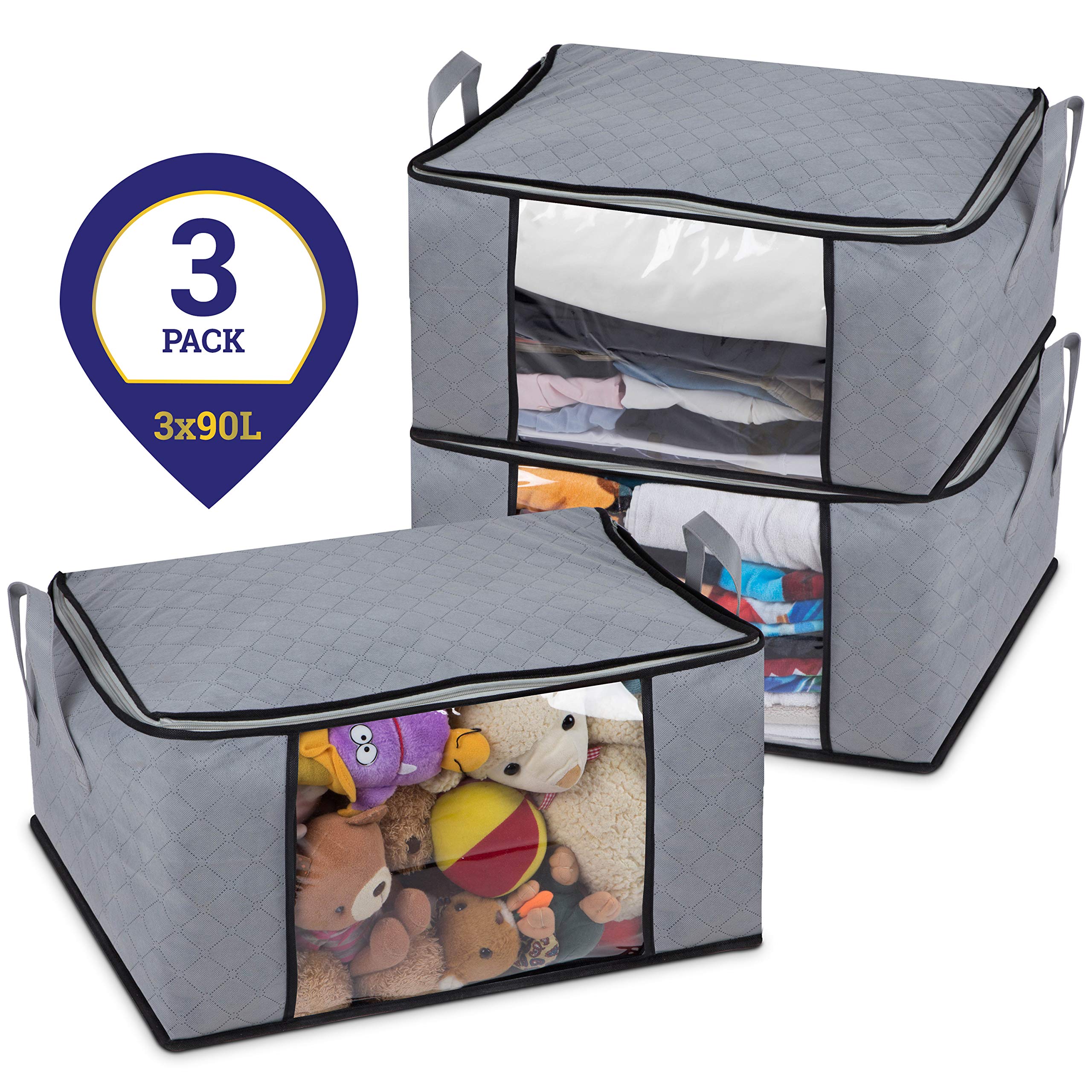 Regal Bazaar Clothes Storage Bag, Extra-Large Capacity Foldable Organizer with Sturdy Handles, Strong 3-Layer Fabric and Dual Zippers, Great for Large Comforters and Bedding (3-Pack, Grey and 3x90L)