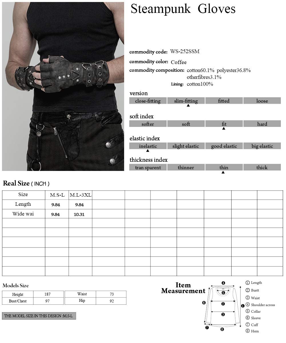 Punk Rave Steampunk Fingerless Gloves for Men Motorcycle Cotton Gloves Grey Coffee Driving Gloves (XL-XXXL, Grey)