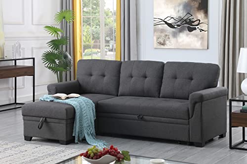 OMMGG 84'' L-Shape Convertible Sleeper Sectional Sofa, Linen Upholstered Reversible Corner 3 Person Couch with Storage Chaise and Pull-Out Bed, for Living Room, Apartment, 84, Dark Gray-1