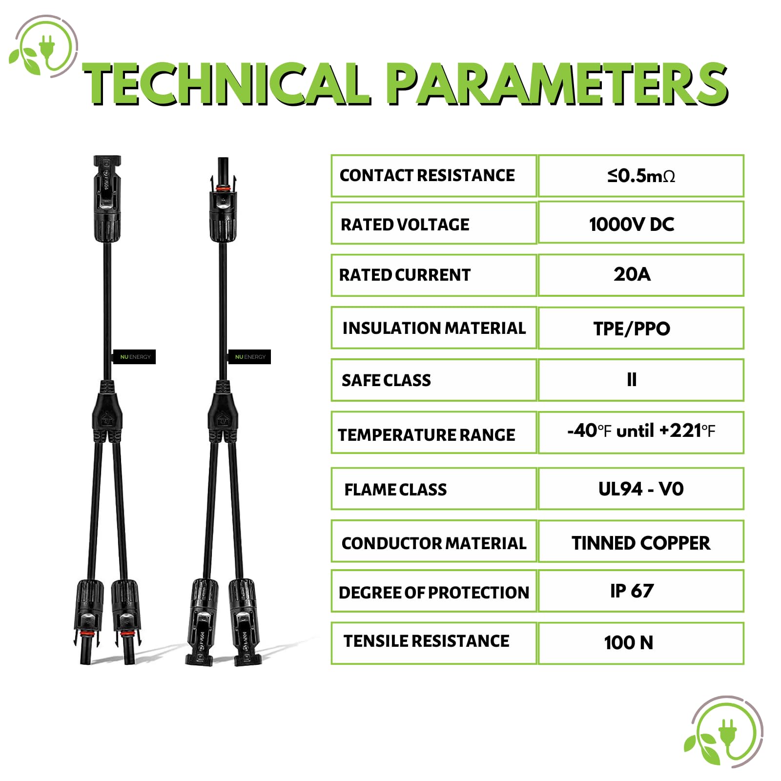 NuEnergy The Original Solar Connector Y Branch 1 to 2 Parallel Adapter Cable Wire Plug Tool Kit for Solar Panel (M/FF and F/MM)