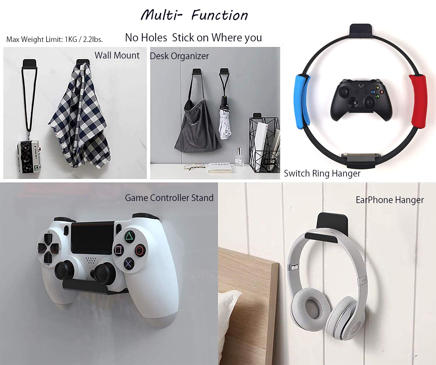 REEYEAR Game Controller Holder Self Adhesive Tape Stick on Wall Mount for Universal PS5 PS4 Xbox One Steam/Nintendo Switch/PC Video Game Controller Headphone Stand Hanger Headset Holder 2 Pack Black