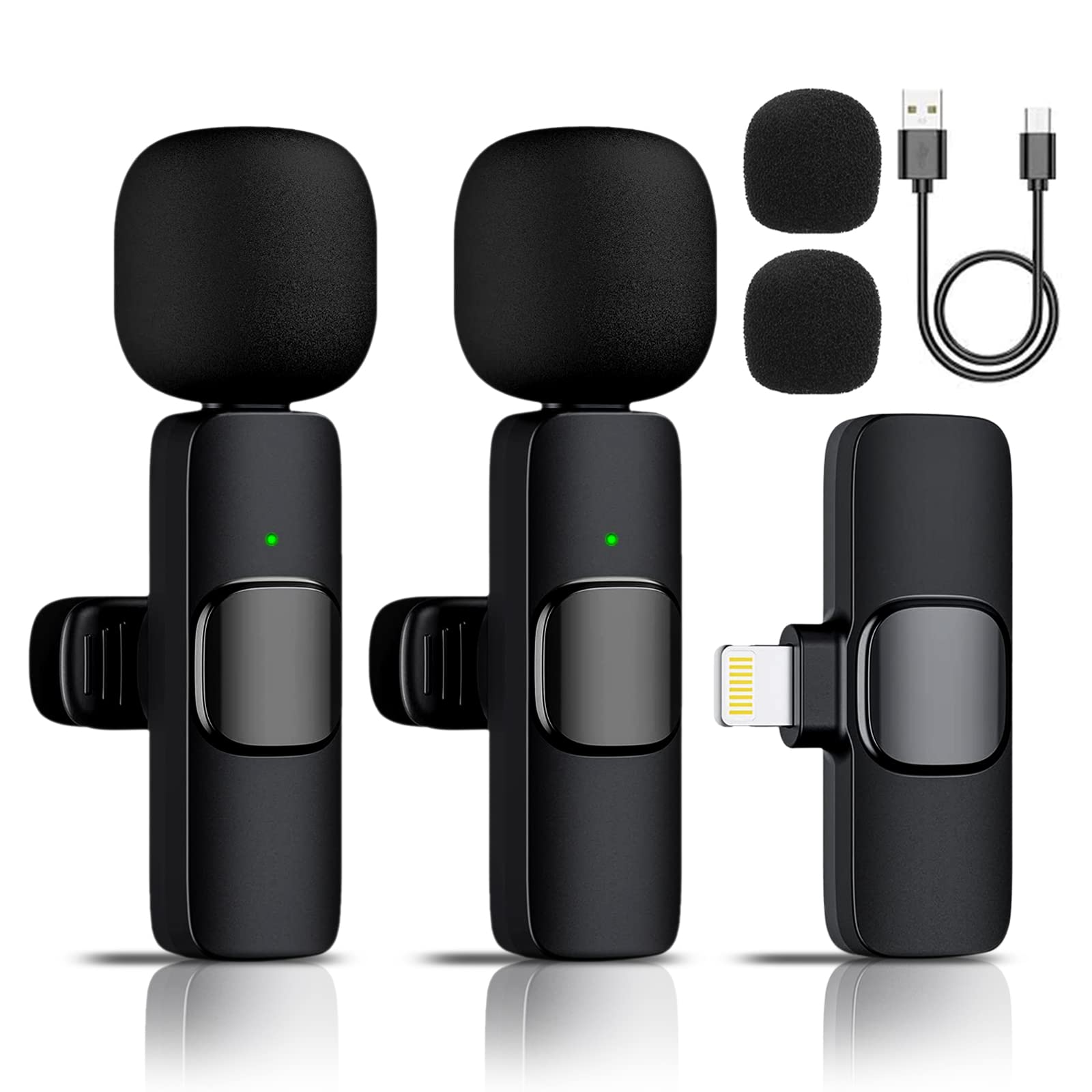 OPULENO 2 Pcs Wireless Lavalier Microphones for iPhone and iPad, Wireless noise-cancelling microphone, Professional Wireless Lavalier Microphone for Recording, Live Stream, YouTube, Facebook (Black)