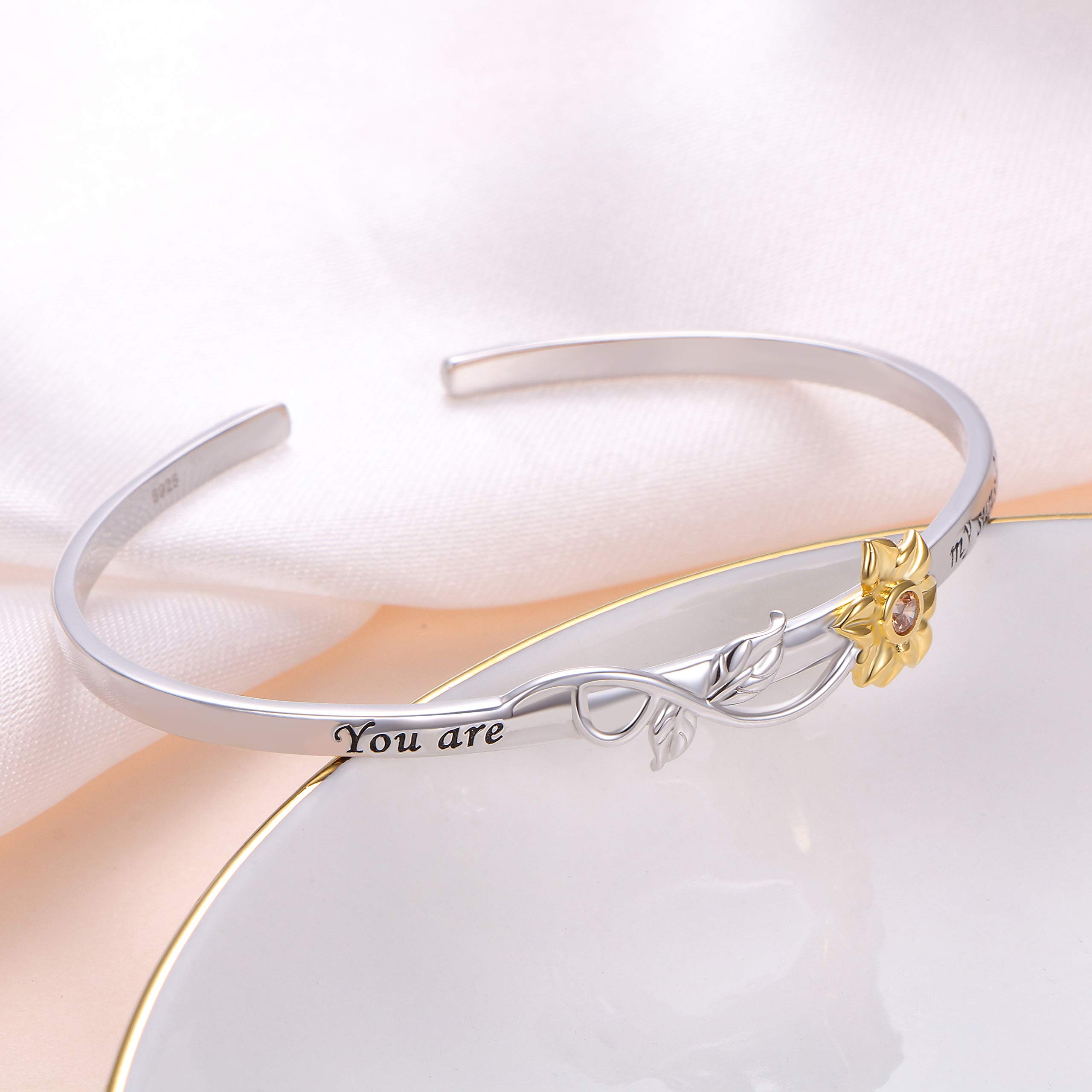 S925 Sterling Silver Sunflower with CZ Engraved You Are My Sunshine Bangle for Women 18" (Bangle)