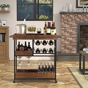 MU Bar Carts for Home, Industrial Kitchen Serving Cart,3 Tier Storage Trolley with Wine Rack Glasses Holder, Rustic Rolling Bar Cart with Removable Shelves for Home