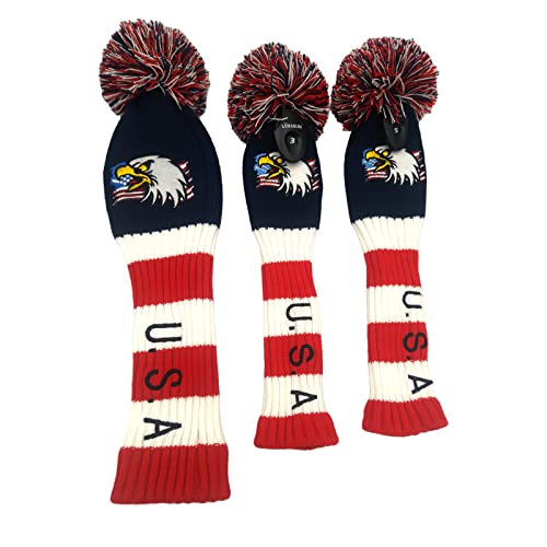 USA Flag Eagle Embroidered Knitted Golf headcovers 135 Set for 460cc Driver Wood Hydrid POM POM Head Club Covers
