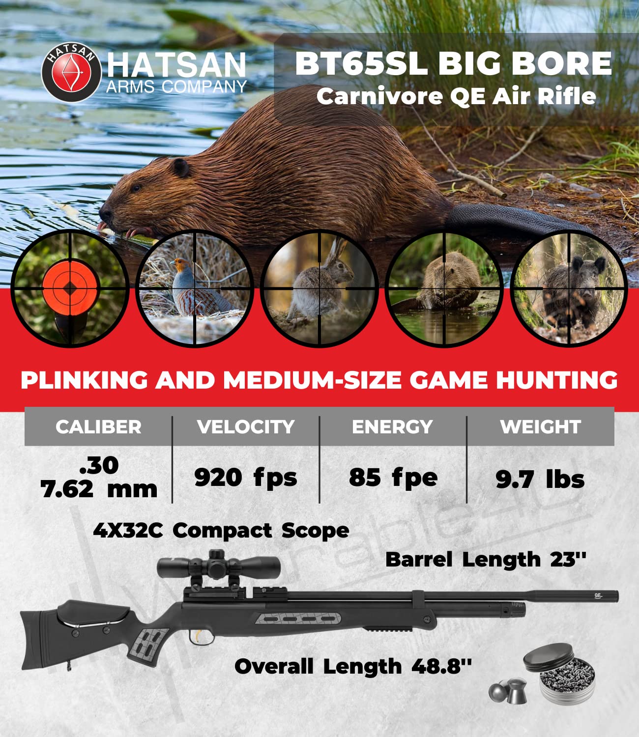 Wearable4U - Hatsan BT 65 SL QE Big Bore Carnivore .30 Cal PCP Air Rifle w/Scope and 100 Paper Targets and 100x .30 Cal Pellets Bundle