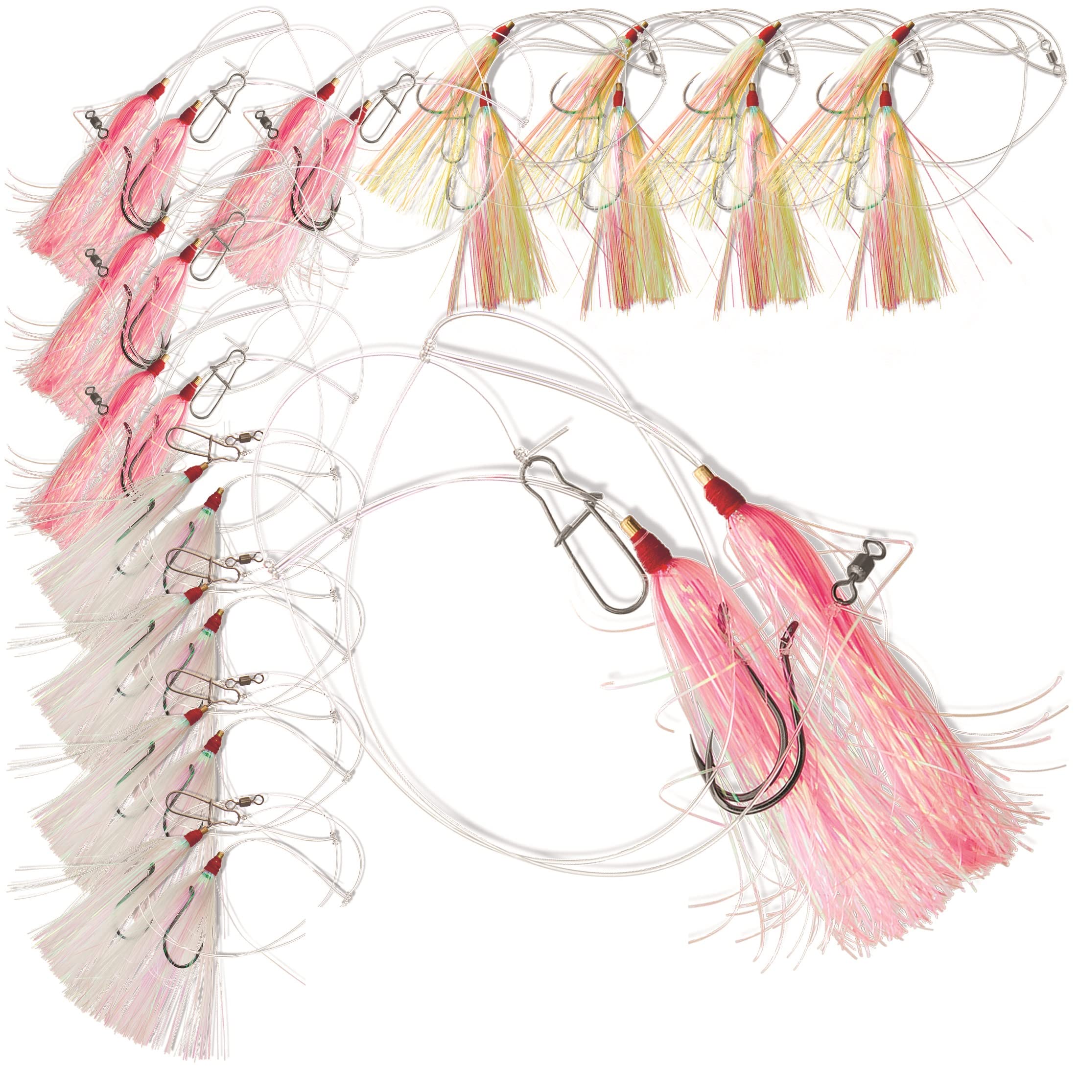 Uncle Mo’s Tackle - 12 Pack Fluke Flounder Killer Hi-Lo Rig – Multicolor Mylar Teaser for Saltwater – BKK Black Size 3/0 Octopus Hook -30lb Heavy Duty Mono 2ft Long-Black Duo-Lock Snaps