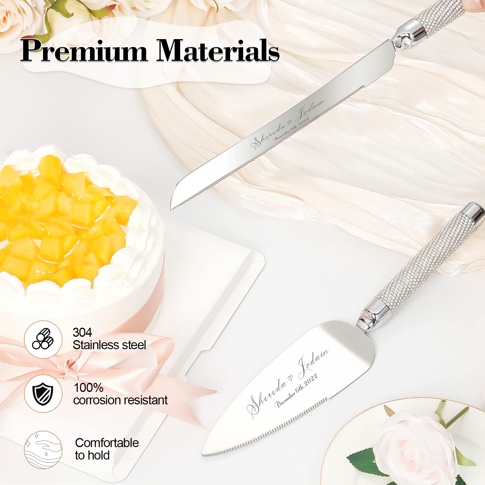 Wedding Cake Knife and Server Set, Personalized Cake Cutting Set, Engraved Elegant Cake Cutters With Sparkling Diamonds, Custom Pie Spatula and Cake Knife, Birthday Bridal Quinceañera Gift (Silver 3)