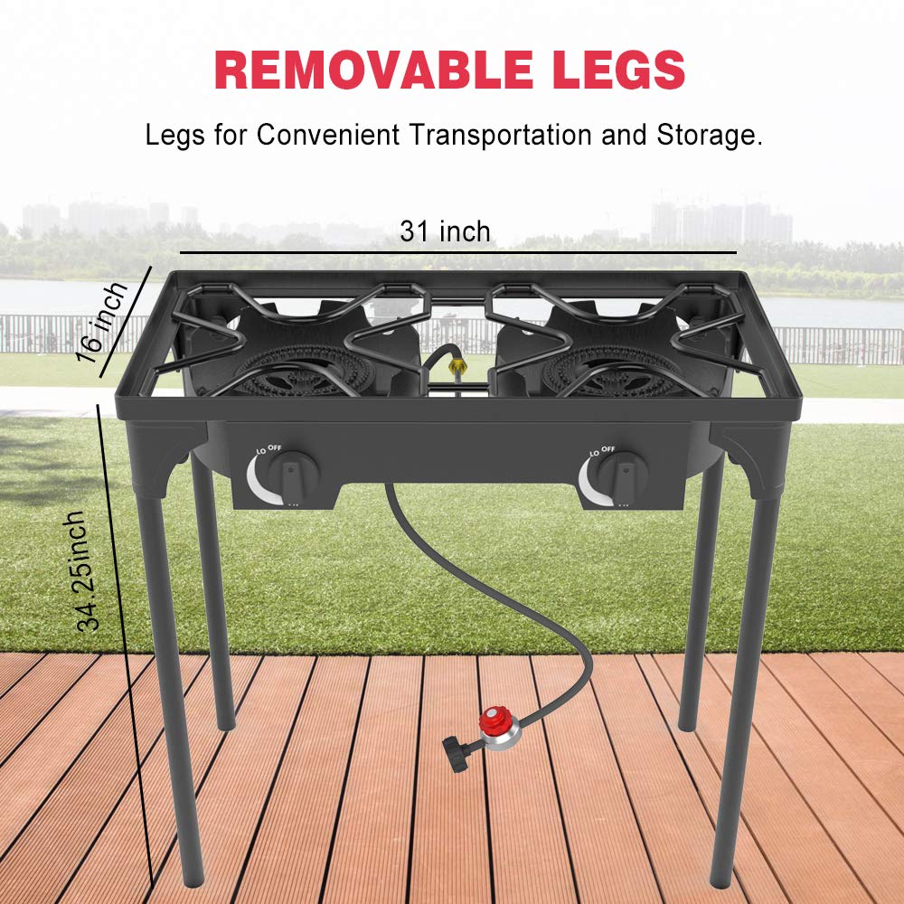 Outdoor & Indoor Portable Propane Stove, Single & Double Burners with Gas Premium Hose, Detachable Legs for Backyard Kitchen, Camping Grill, Hiking Cooking, Outdoor Recreation (DB02-Large,2 Burners)