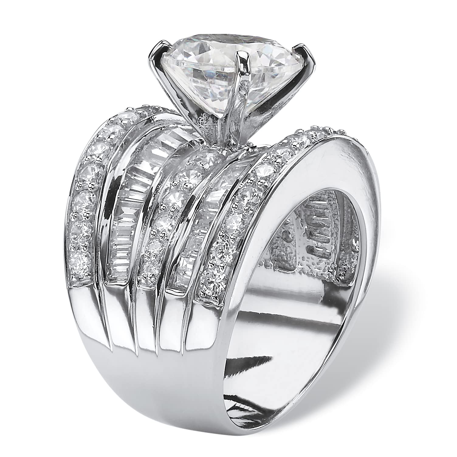 PalmBeach Jewelry Yellow Gold-Plated or Platinum-Plated Sterling Silver Round Cubic Zirconia Multi Row Scoop Engagement Ring Size 7