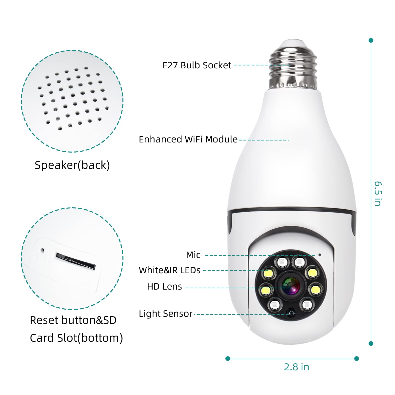 Ombsyej E27 Light Bulb Security Camera, 360 Degree Pan/Tilt Panoramic Bulb Camera,1080P Smart Home Surveillance Cam with Motion Detection Alarm Night Vision Two Way Talk