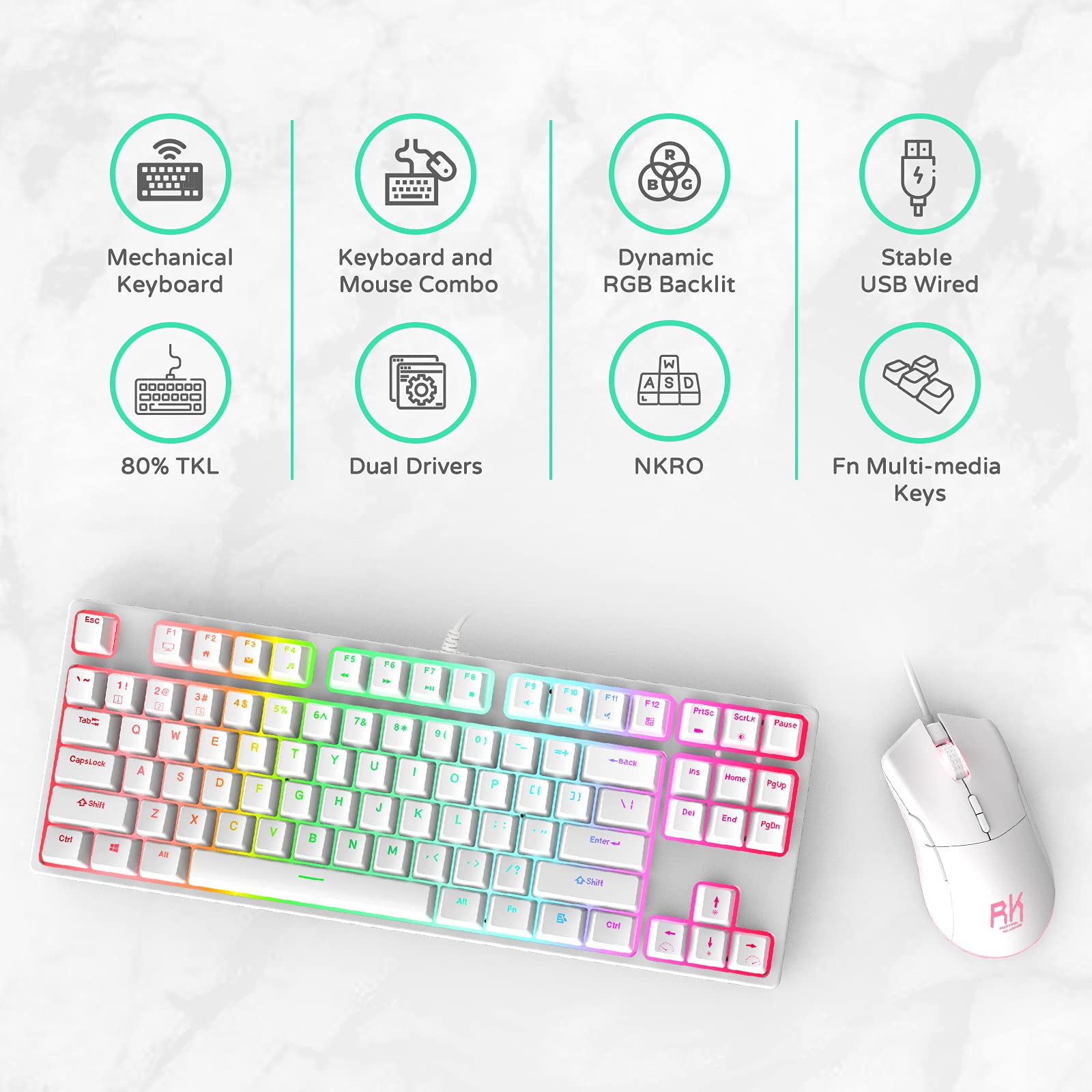 RK ROYAL KLUDGE Gaming Keyboard and Mouse Combo, Wired TKL Mechanical Keyboard and RGB 7200 DPI Mice, 87 Keys Computer Keyboard with Programmable Macro, Brown Switches-White Set