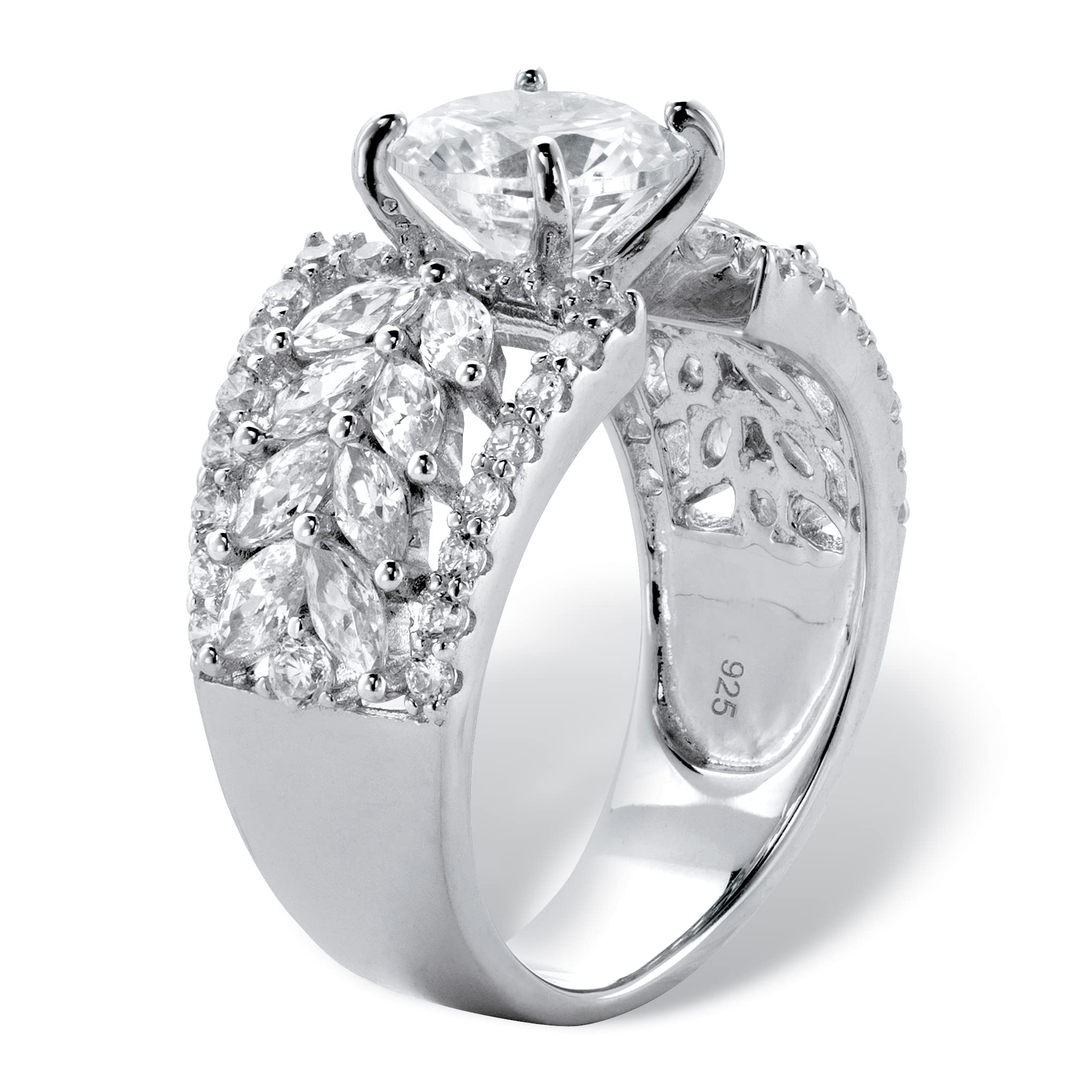 PalmBeach Jewelry Yellow Gold-Plated or Platinum-Plated Sterling Silver Round Cubic Zirconia Multi-Row Leaf Ring Size 7
