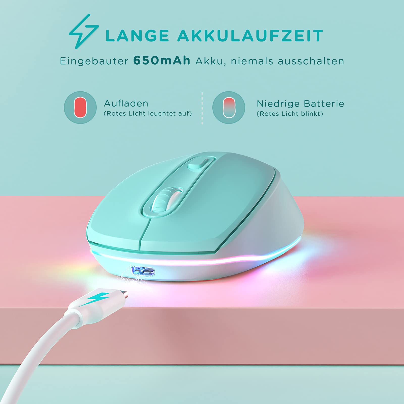 seenda Wireless Mouse, Rechargeable Light Up Mouse for Laptop, Small Cordless Mice with Quiet Click LED Rainbow Lights for PC Computer Kids Chromebook Windows Mac,Mint