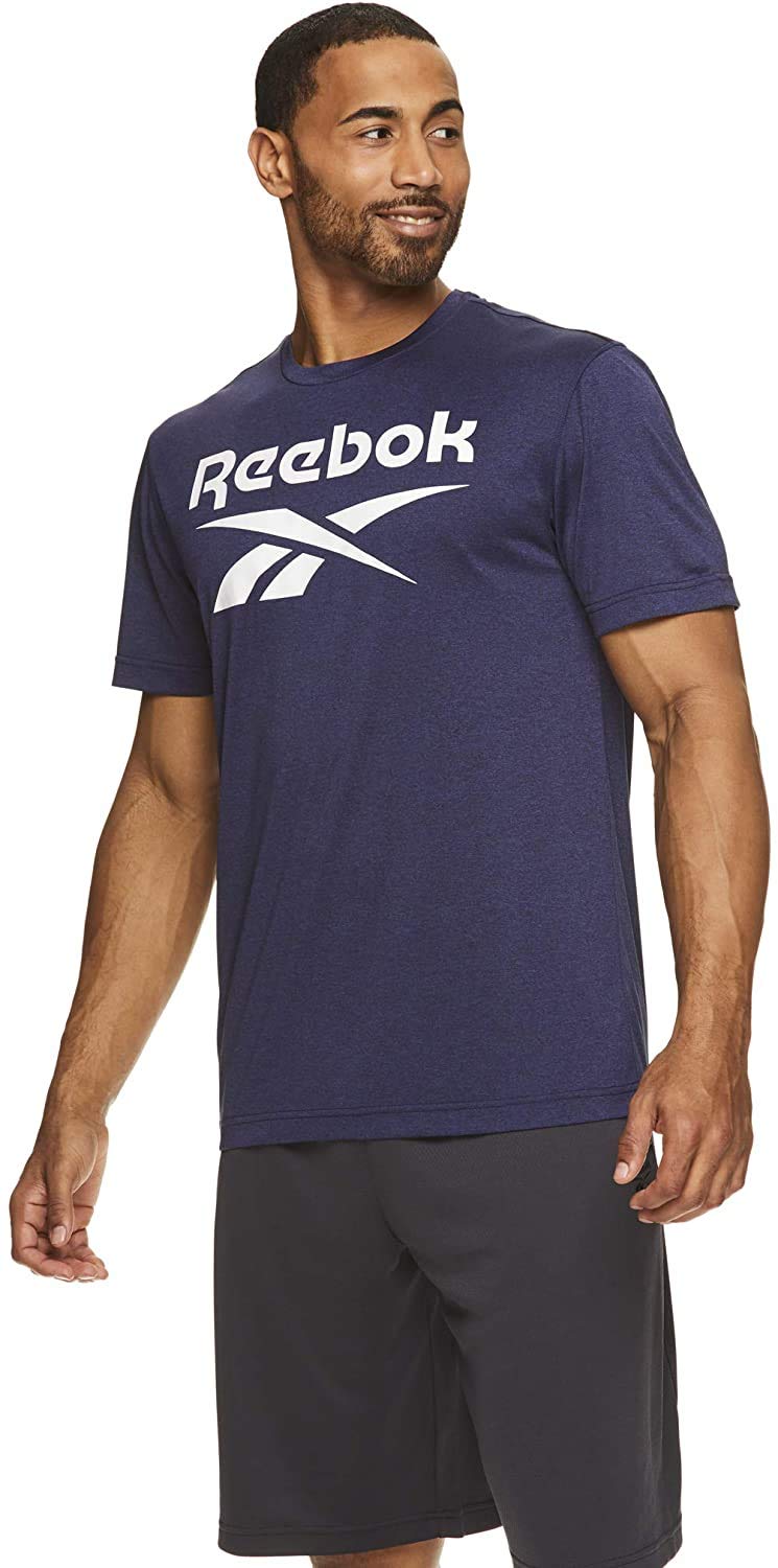 Reebok Men's Supersonic Crewneck Workout T-Shirt Designed with Performance Material - Neptune Navy Heather Blue, Medium