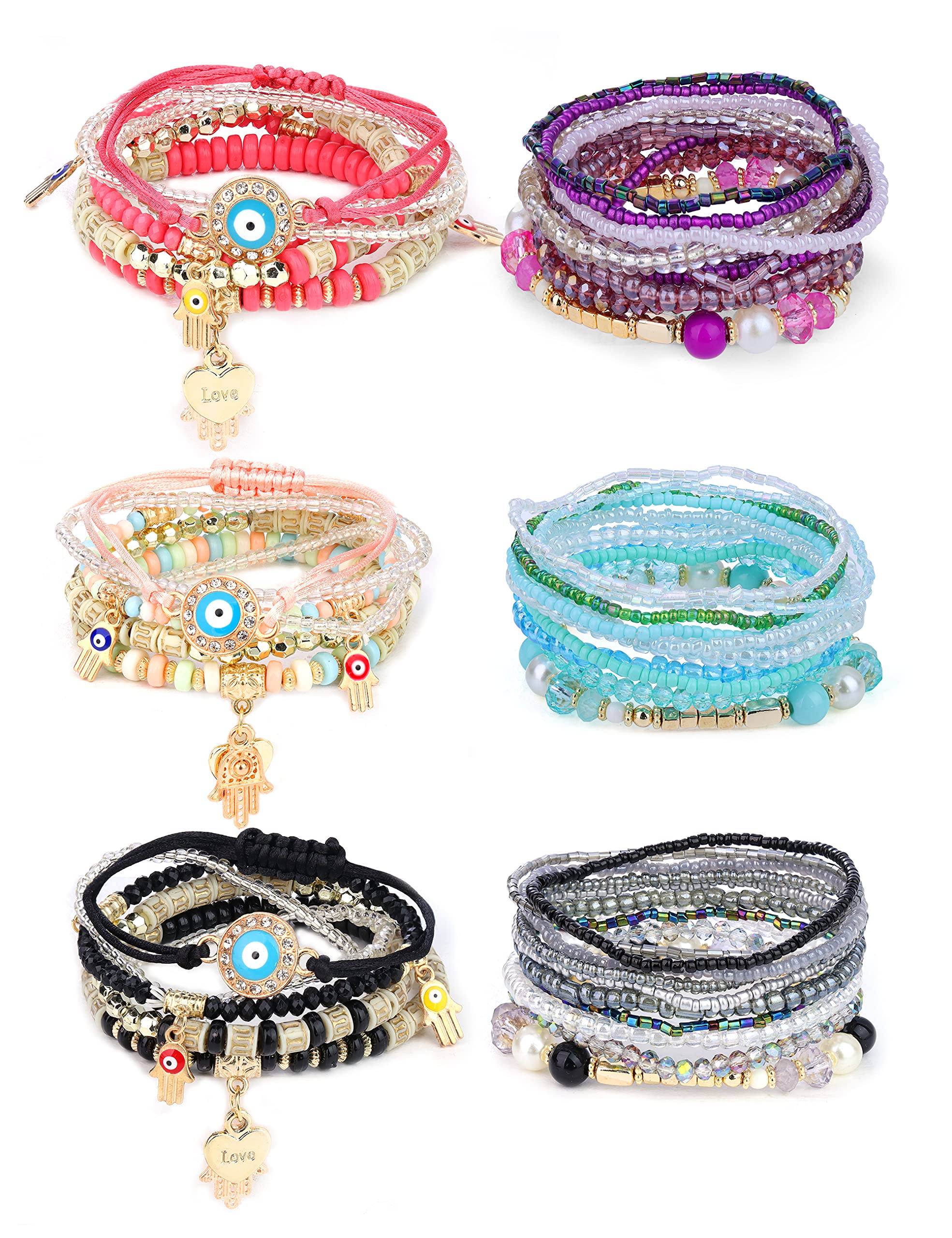 sailimue 6 Sets Bohemian Stackable Bead Bracelets for Women Multicolor Stretch Evil Eye Beaded Bracelets Layered Bead Adjustable Bracelet Jewelry