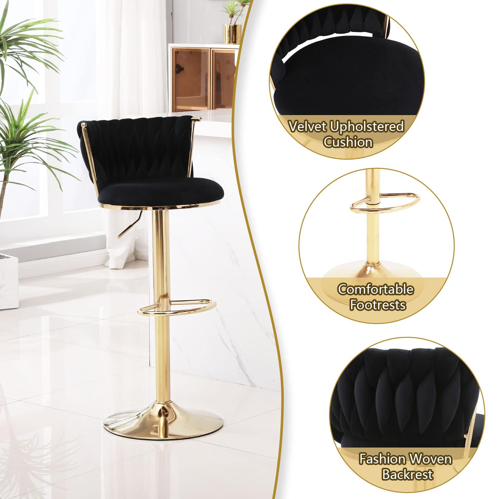 ODUWA Velvet Barstool Set of 4,Woven 360° Swivel Counter Height Bar Stools with Gold Metal Legs,Modern Adjustable Dining Kitchen Pub Accent Chair with Back and Footrest Counter Height Dining Chairs
