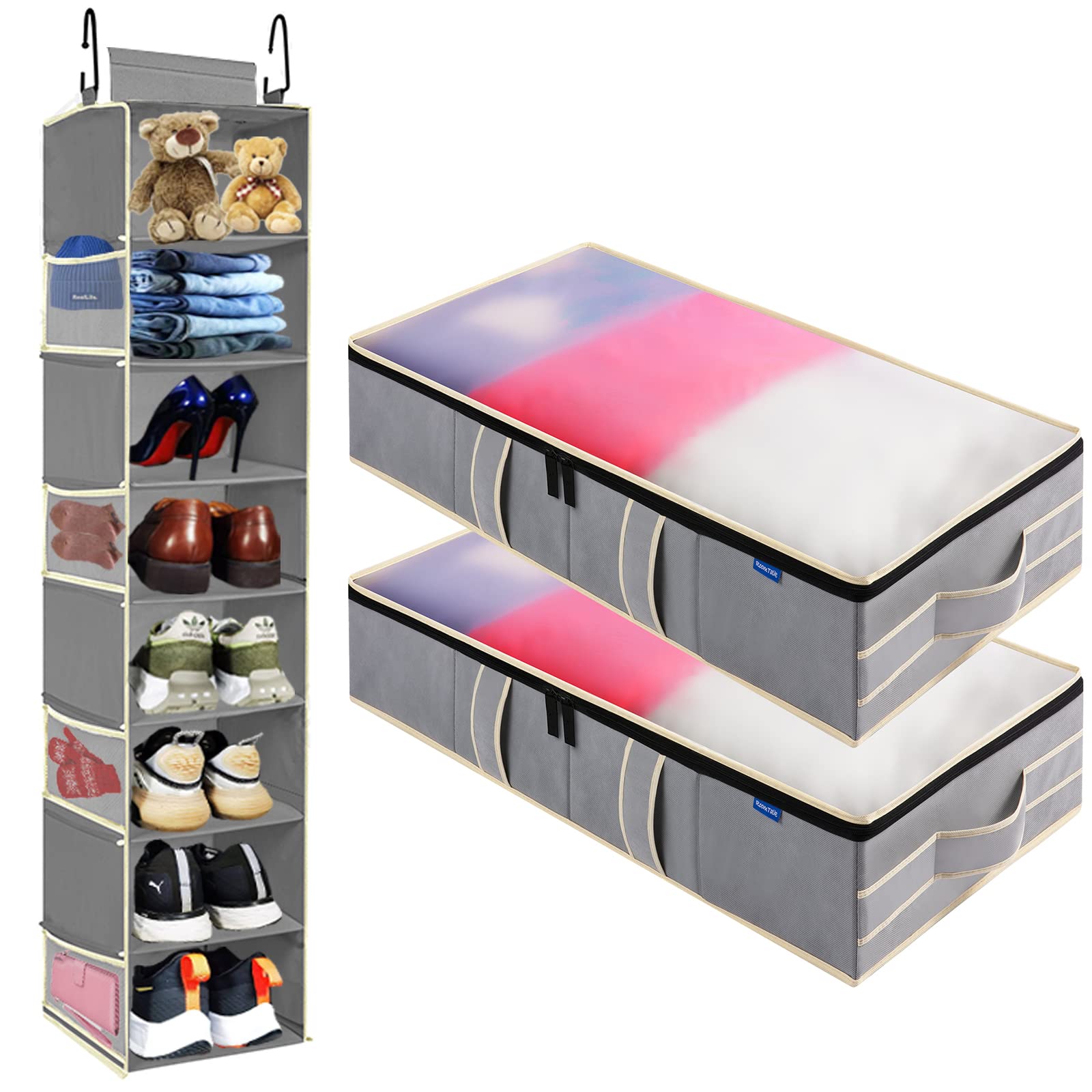 roomtalk Hanging Shoe Organizer 8-Shelves Grey + Under Bed Storage Container Bins 2-Pack Grey