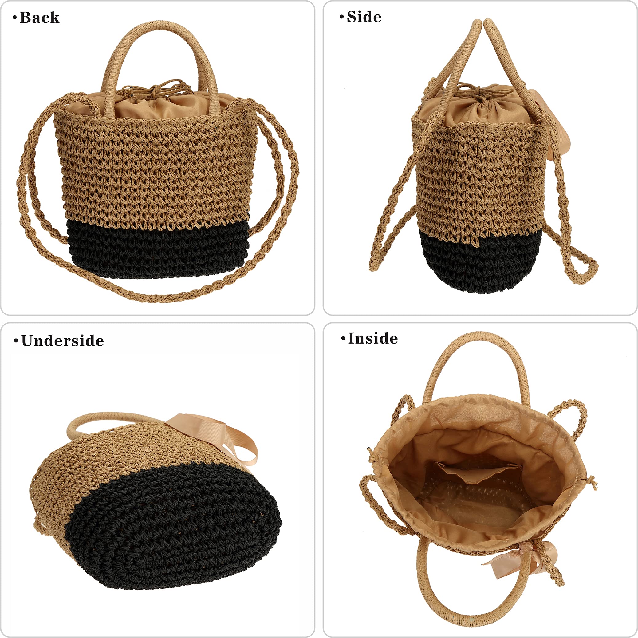 So'each Women's Handbag Small Color Matching Bow Wicker Woven Rattan Straw Tote Shoulder Bag Khaki