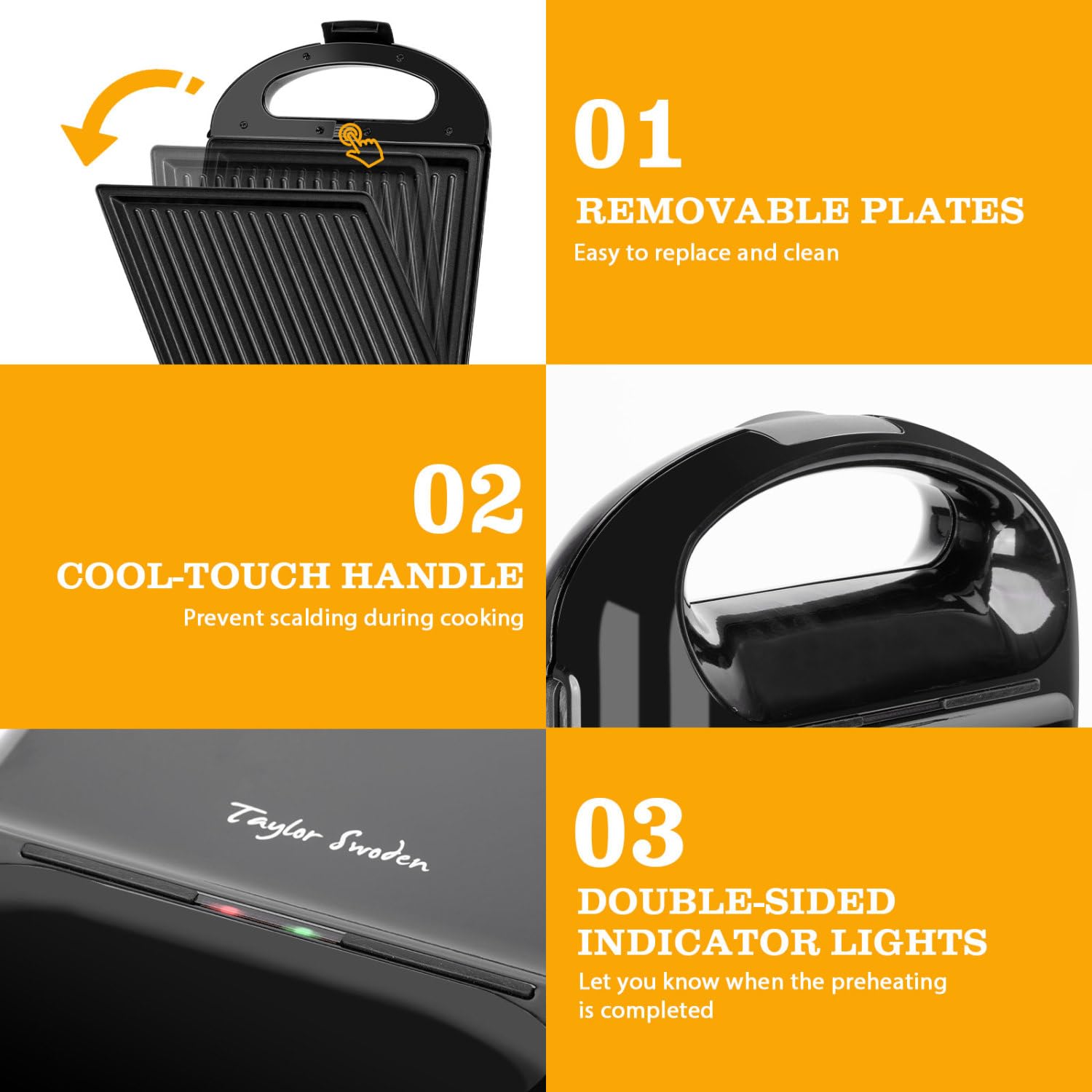Sandwich Maker 3 in 1, Taylor Swoden 4 Slice Waffle Maker 1200W Panini Press Grill with Non-stick Plates, Double-Sided Heating, Indicator Lights, Cool Touch Handle, Easy to Use & Clean, White