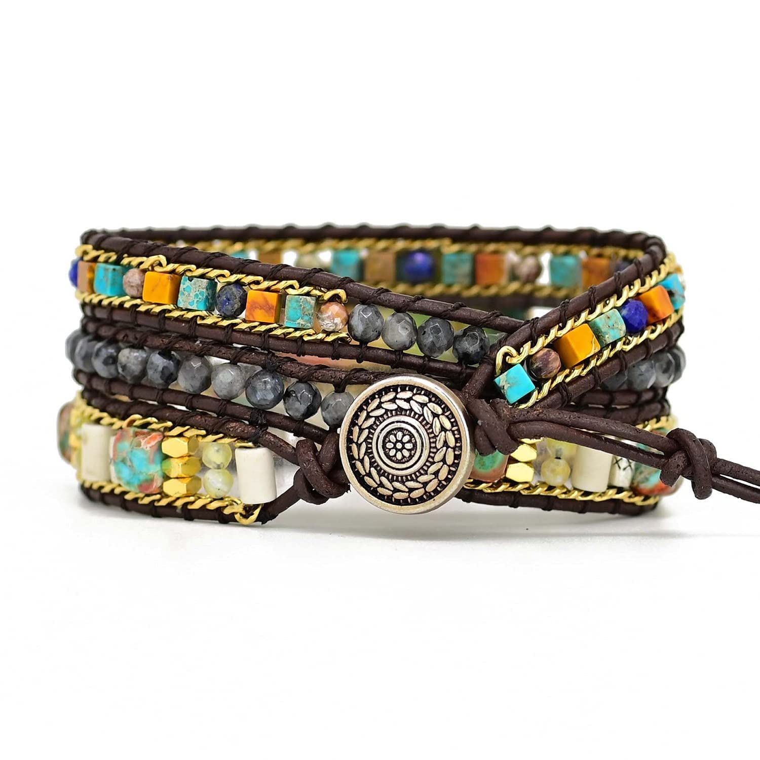 Teepollo Handmade Jasper Turquoise Amethyst Boho Wrap Bracelets for Women-Healing Natural Stone Beads Crystal Bohemian Bracelets Collection for Women Girl
