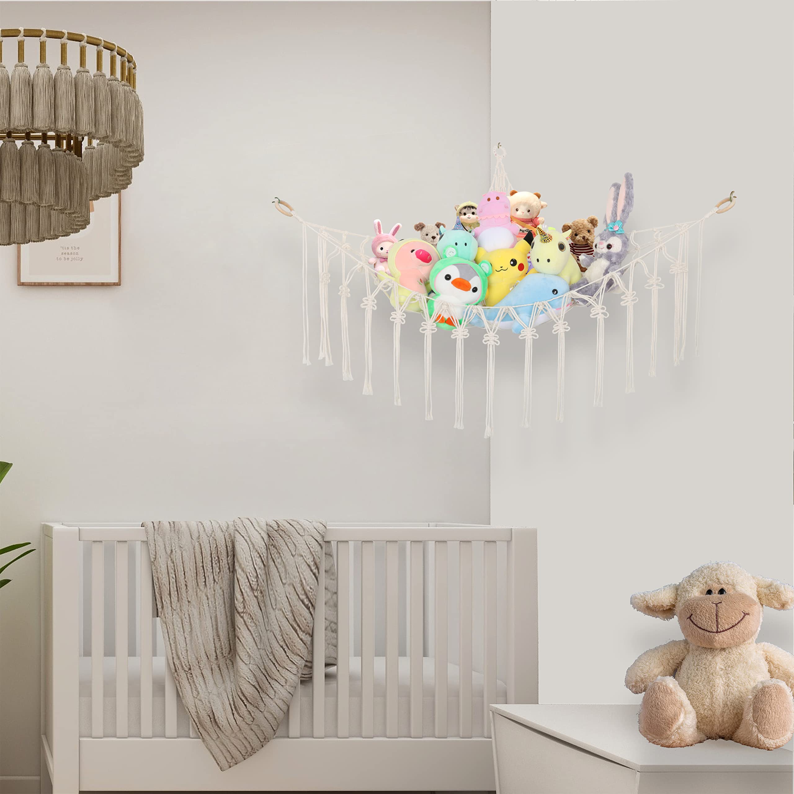 Zeesa Stuffed Animal Toy Hammock, Hanging Net Hammock for Plush Toys Storage, Corner Toy Net Holder, Boho Decor Hammock Organizer with Delicate Tassel Pendant, Beige