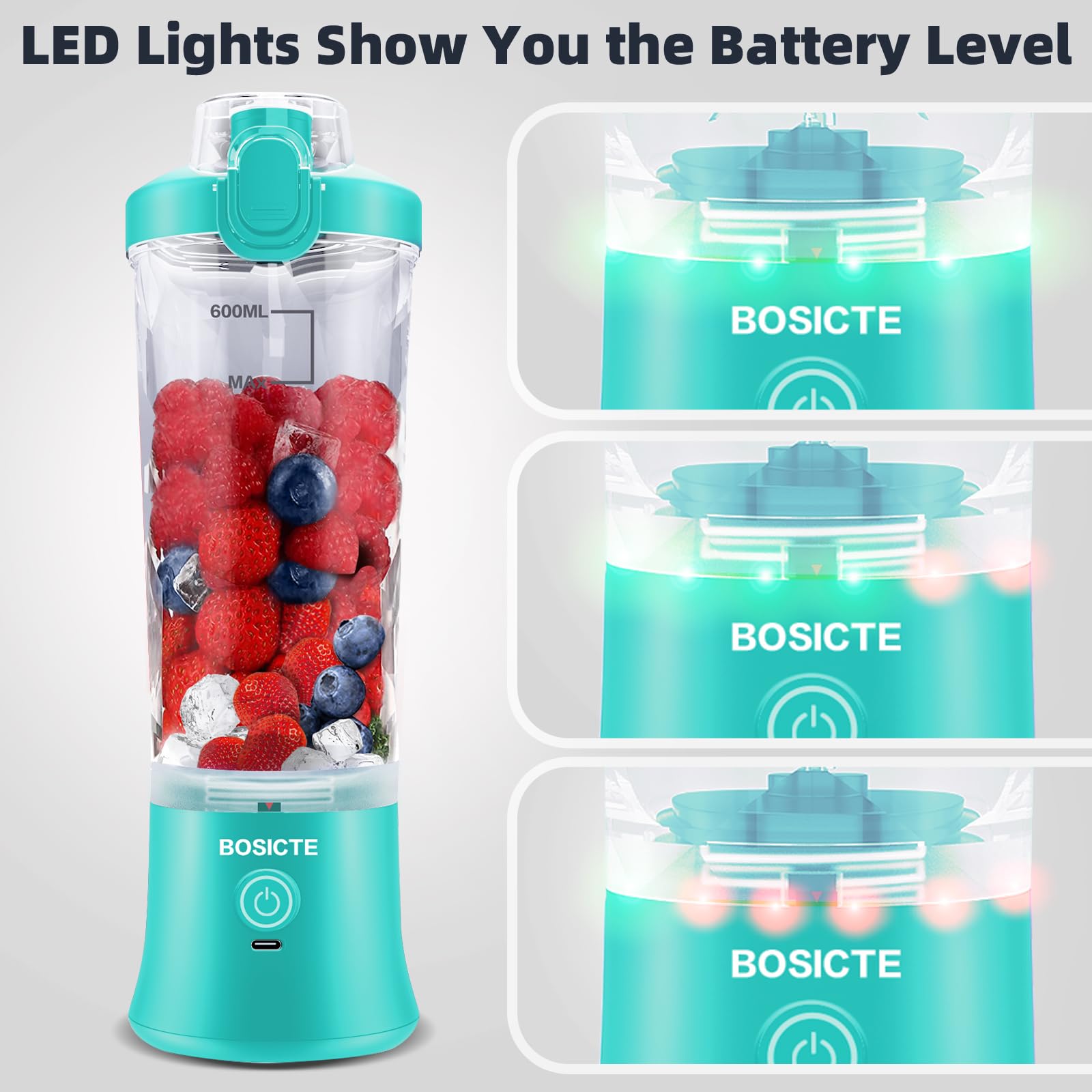 Portable Blender, BOSICTE Personal Size Blender for Shakes and Smoothies with 6 Blades, 20 Oz Mini Blender Cup USB Rechargeable for Office, Gym, Kitchen (Green), B-A9