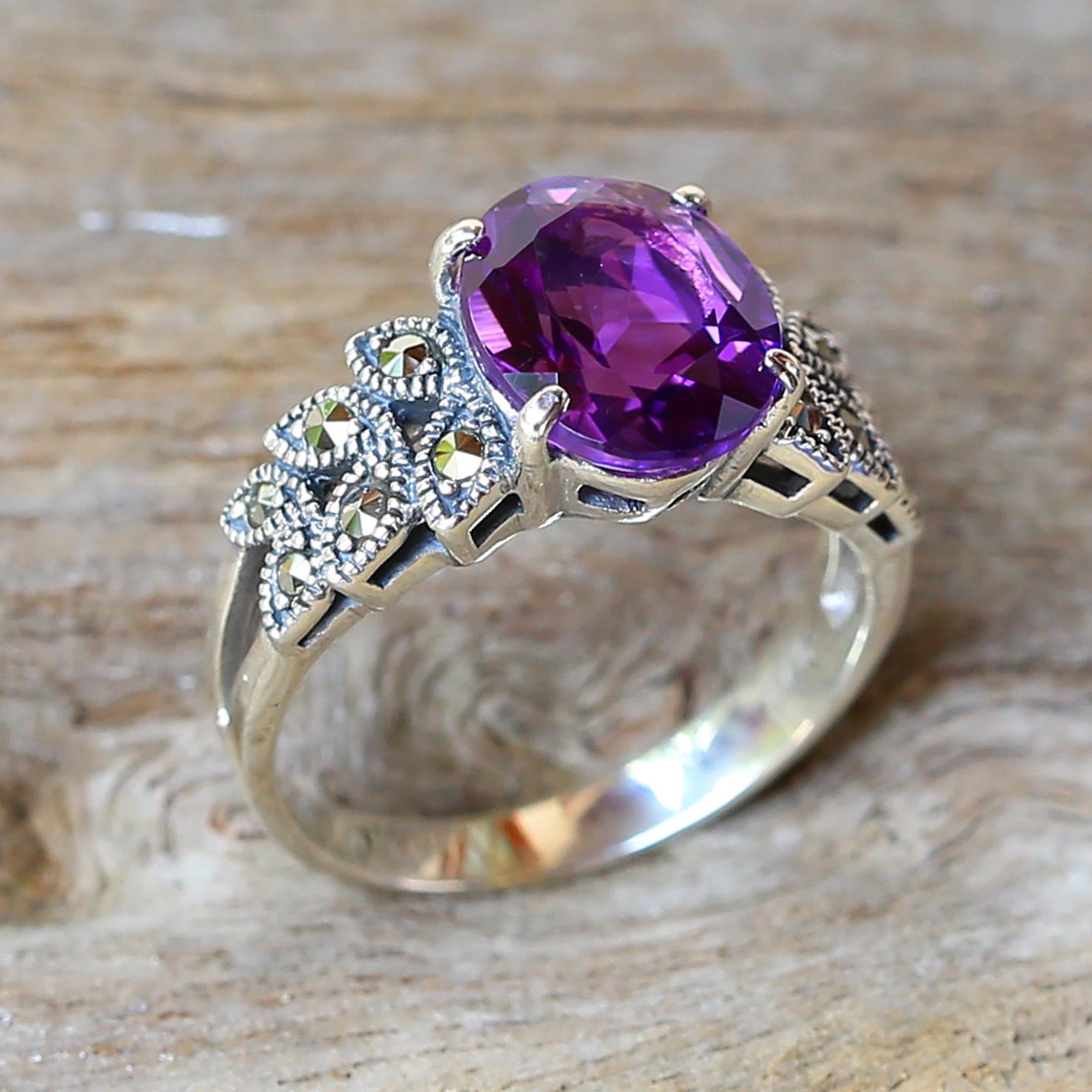 NOVICA Artisan Handmade .925 Sterling Silver Amethyst Marcasite Cocktail Ring from Thailand Birthstone 'Purple Queen'