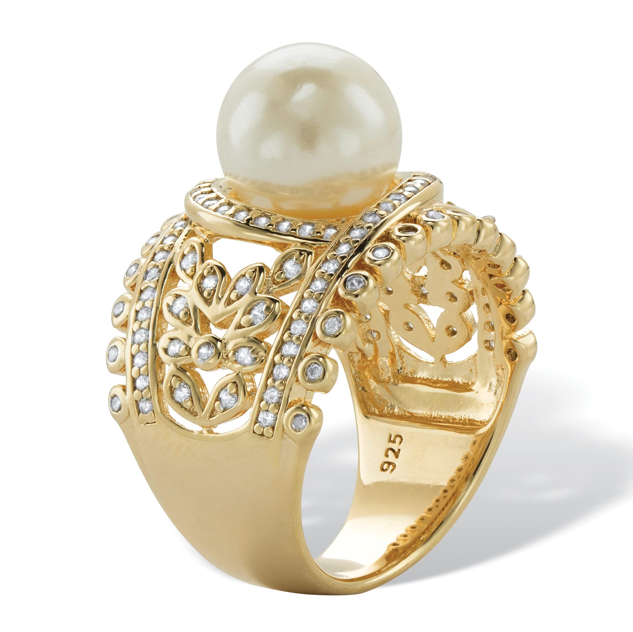 PalmBeach Yellow Gold-Plated or Platinum-Plated Sterling Silver Round Simulated Pearl and Round Cubic Zirconia Floral Ring Size 7