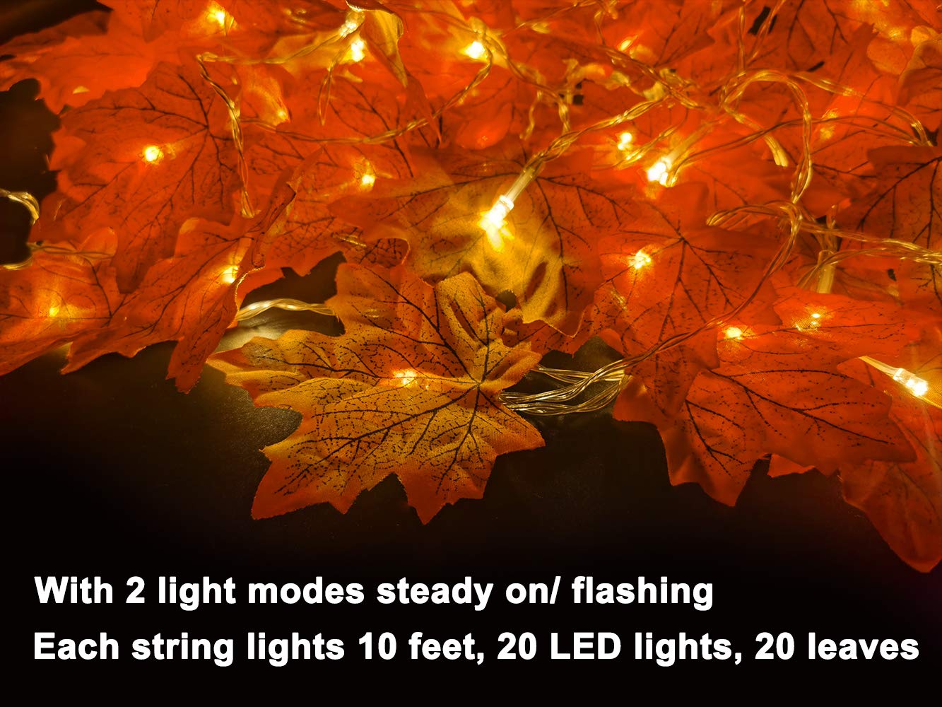 OVV 4 Pack Thanksgiving String Lights Maple Leaves Decorations Fall Leaf Garland Total 40 Ft 80 LED for Home Indoor Outdoor Garden Autumn Holiday Decor 3AA Battery Operated