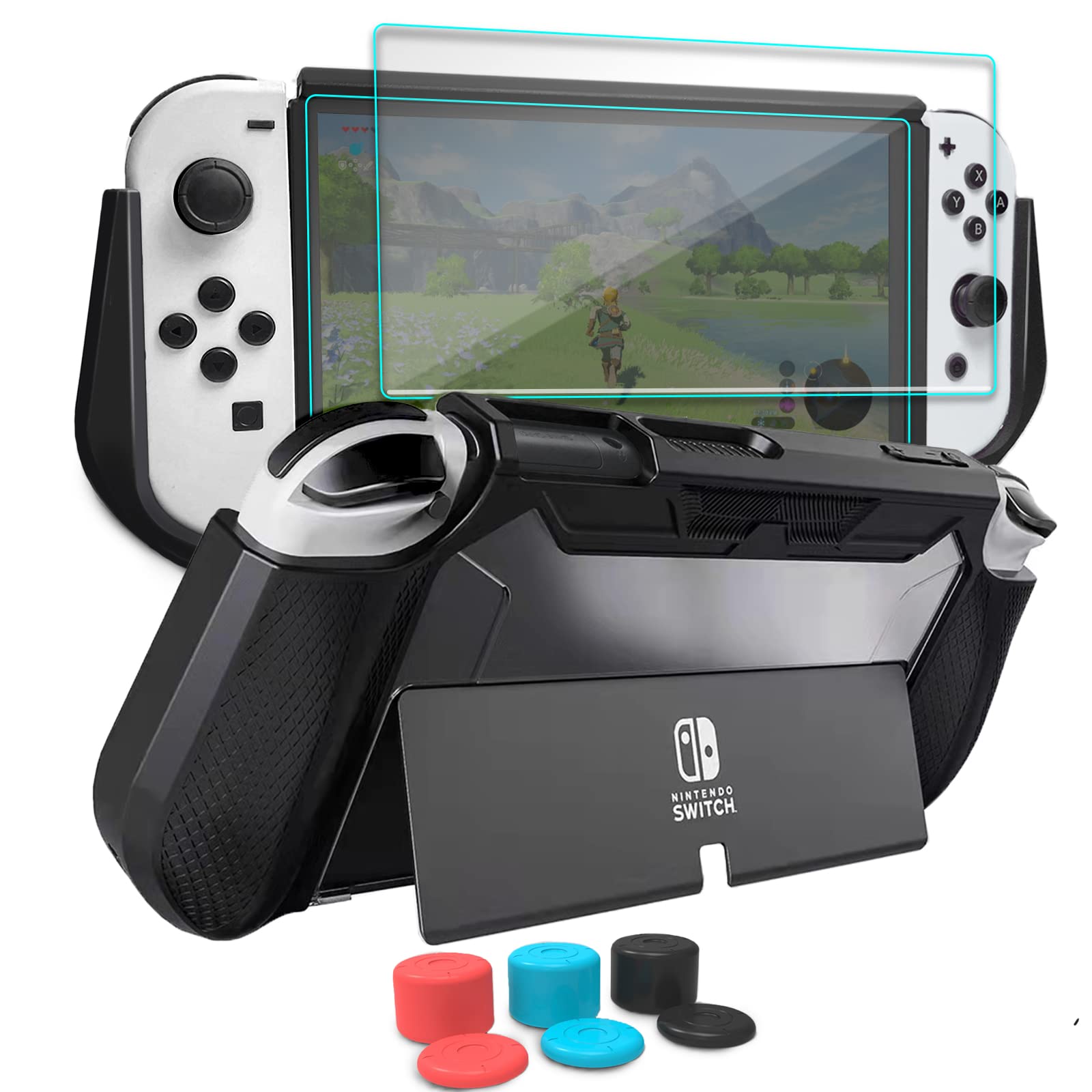 TIKOdirect Dockable Case for Nintendo Switch OLED (2021), TPU Grip Protective Cover Case Accessories with Screen Protectors and Thumb Grip Caps for Switch OLED Console and Joy-Con Controller, Black