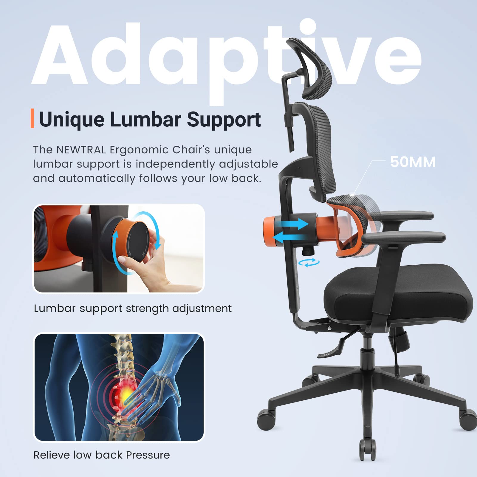 Newtral Ergonomic Office Chair, Automatic Waist-Chasing High Back Desk Chair with Adjustable Lumbar Support & Headrest, 3D Flip-up Armrest, 96°-116° Tilt Function for Office and Home Black