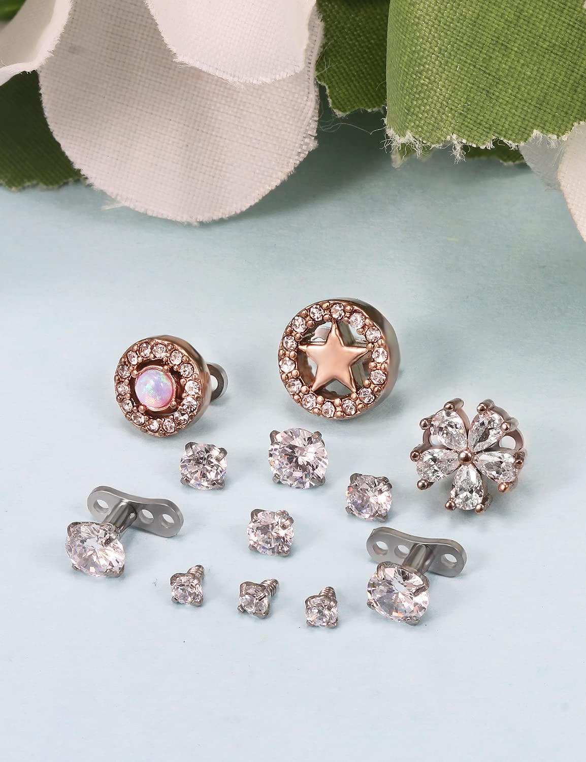 Vsnnsns 14G Dermal Piercing Jewelry Anchor Tops Dermal Tops Titanium Base Microdermals Piercing for Women Men Internally Threaded Dermal Anchor Tops CZ 2mm 3mm 4mm Rose Gold 17Pcs