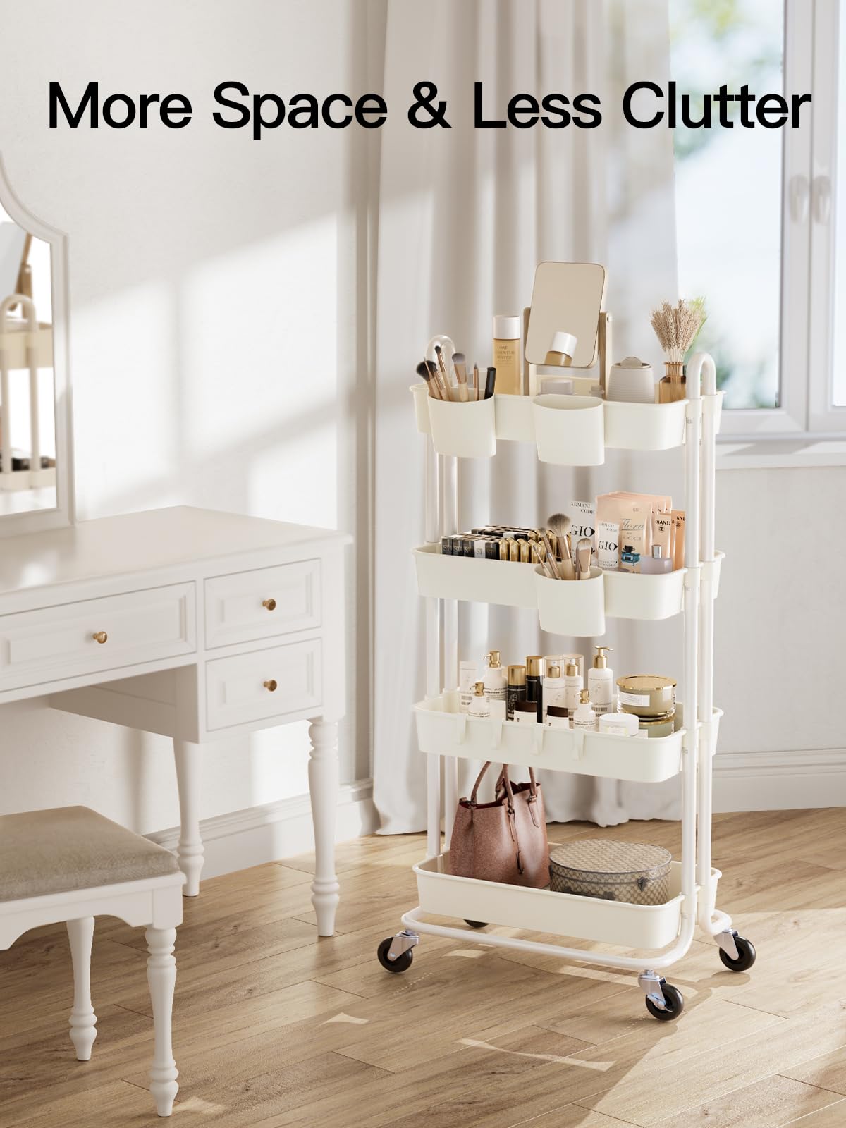 Pipishell 4-Tier Rolling Cart, Utility Cart with Lockable Casters, PP Plastic Storage Baskets, Hanging Cups & Hooks, Rolling Cart for Living Room, Bedroom, Kitchen, Bathroom, Art Studio(White)