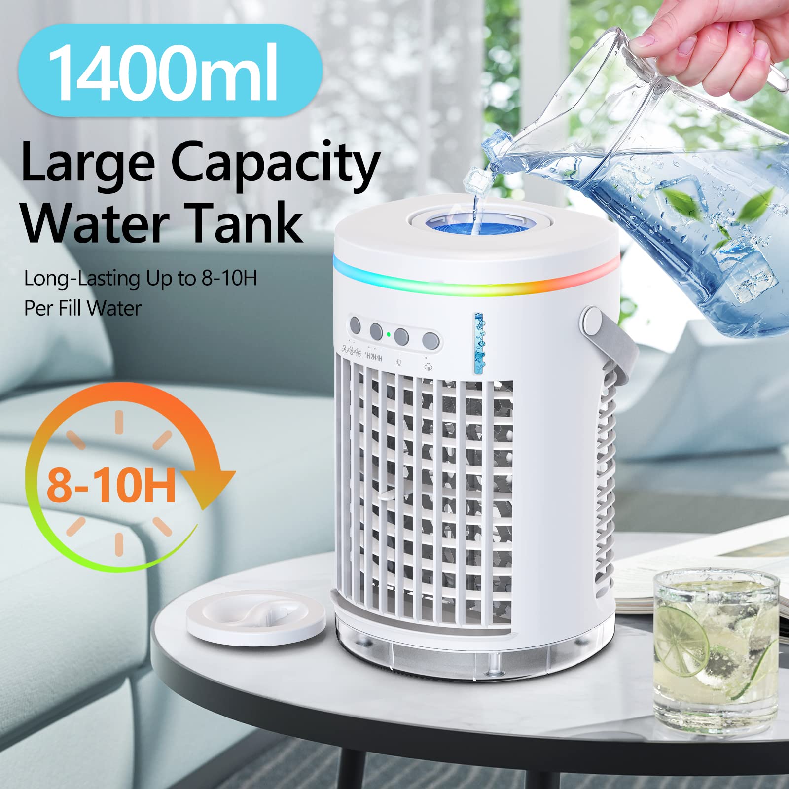 Vosaf Portable Air Conditioners Fan,1400ml Evaporative Mini Air Conditioner with 7 Colors Light,3 Speeds, White