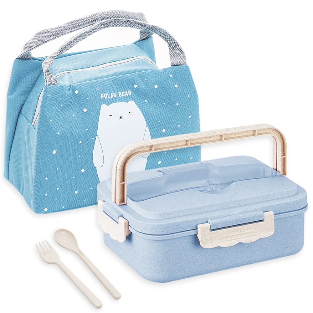SITAKE Reusable Lunch Box, 33.8 oz Large Capacity Bento Box, Portable Salad Bowl With Utensils, Lunch Bag, Microwave Leakproof Lunch Containers for Adults (Blue)